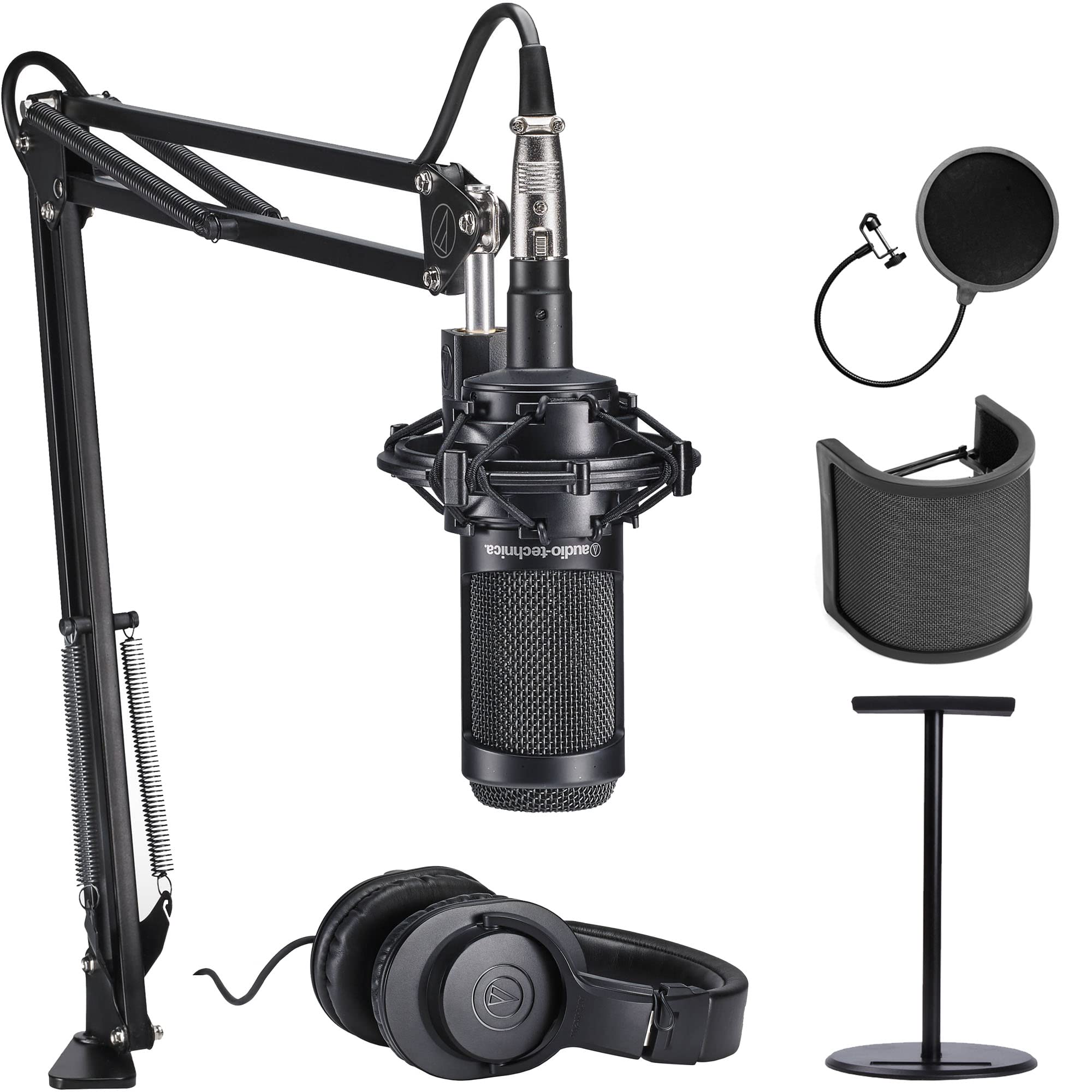 Audio-Technica AT2035PK Studio Condenser Microphone Pack with ATH-M20x Headphones and Cabled Boom Arm with Desktop Headphone Stand, Metal Mesh Microphone Pop Filter and Flexible Pop Filter