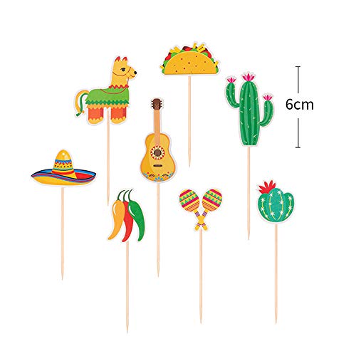 24 Pcs Mexican Fiesta Cupcake Toppers Decoration With Cactus Donkey Taco Pepper Sombrero Mustache Party Decorations