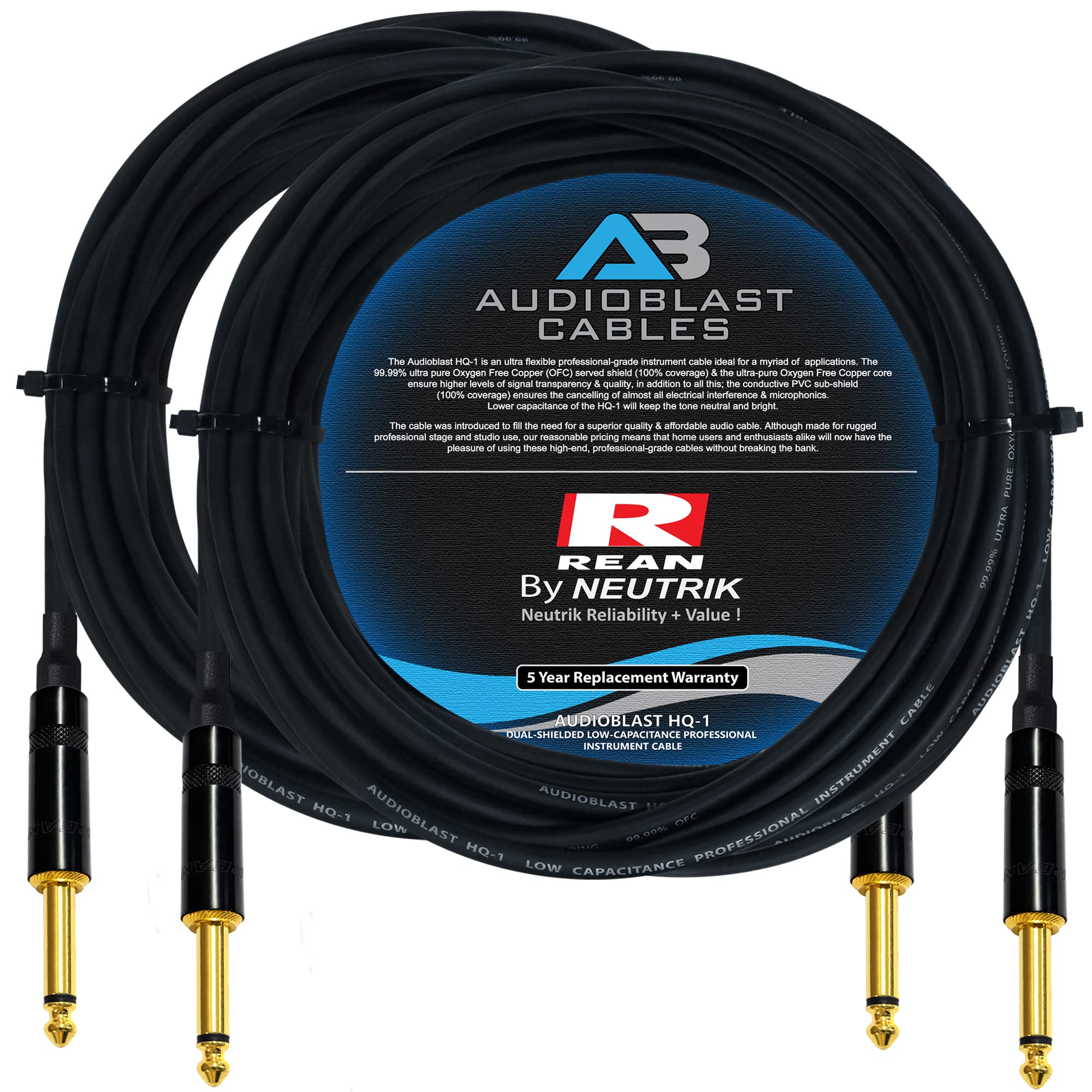 Audioblast - 2 Units - 25 Foot - HQ-1 - Braid(Black) Flexible - Dual Shielded (100%) - Guitar Instrument Effects Pedal Patch Cable w/Neutrik-Rean NYS224BG Gold ¼ inch (6.35mm) TS Plugs & Triple Boots
