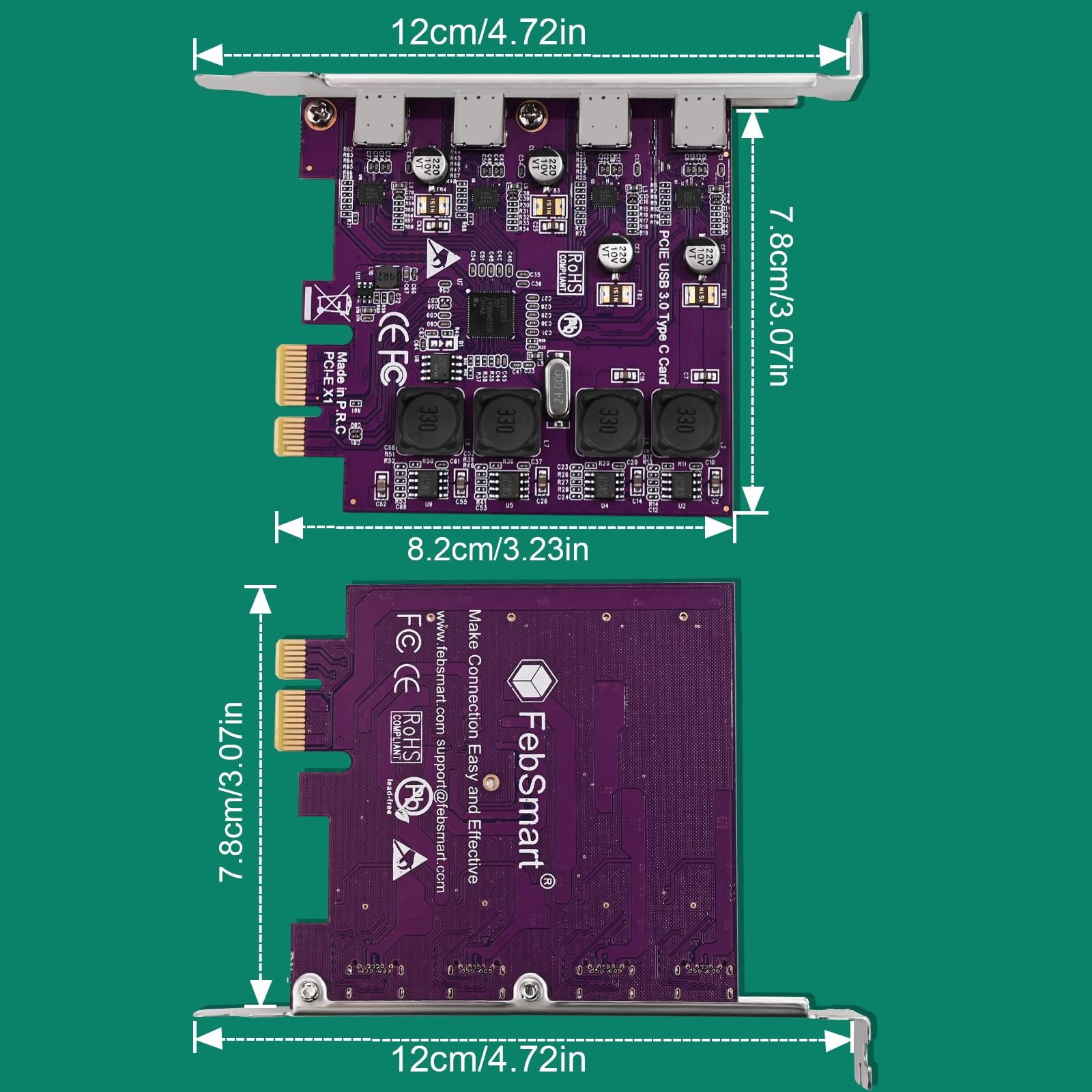 FebSmart 4X 5Gbps USB-C Ports PCI Express USB 3.0 Expansion Card for Windows 11, 10, 8.x, 7, Vista, XP Desktop PCs, Built in Self-Powered Technology, No Need Additional Power Supply (FS-U304C-Pro)