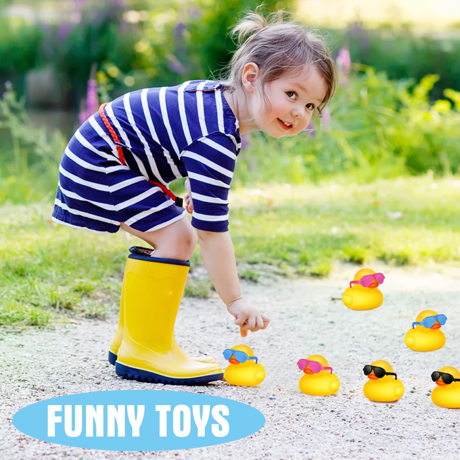 24 Pcs Mini Rubber Ducks with Sunglasses, Rubber Ducks in Bulk Valentine Duck Bathtub Toys for Cruise Valentines Kids Classroom Gift Exchange (Eyeglasses, Yellow, Blue, Pink, Black)