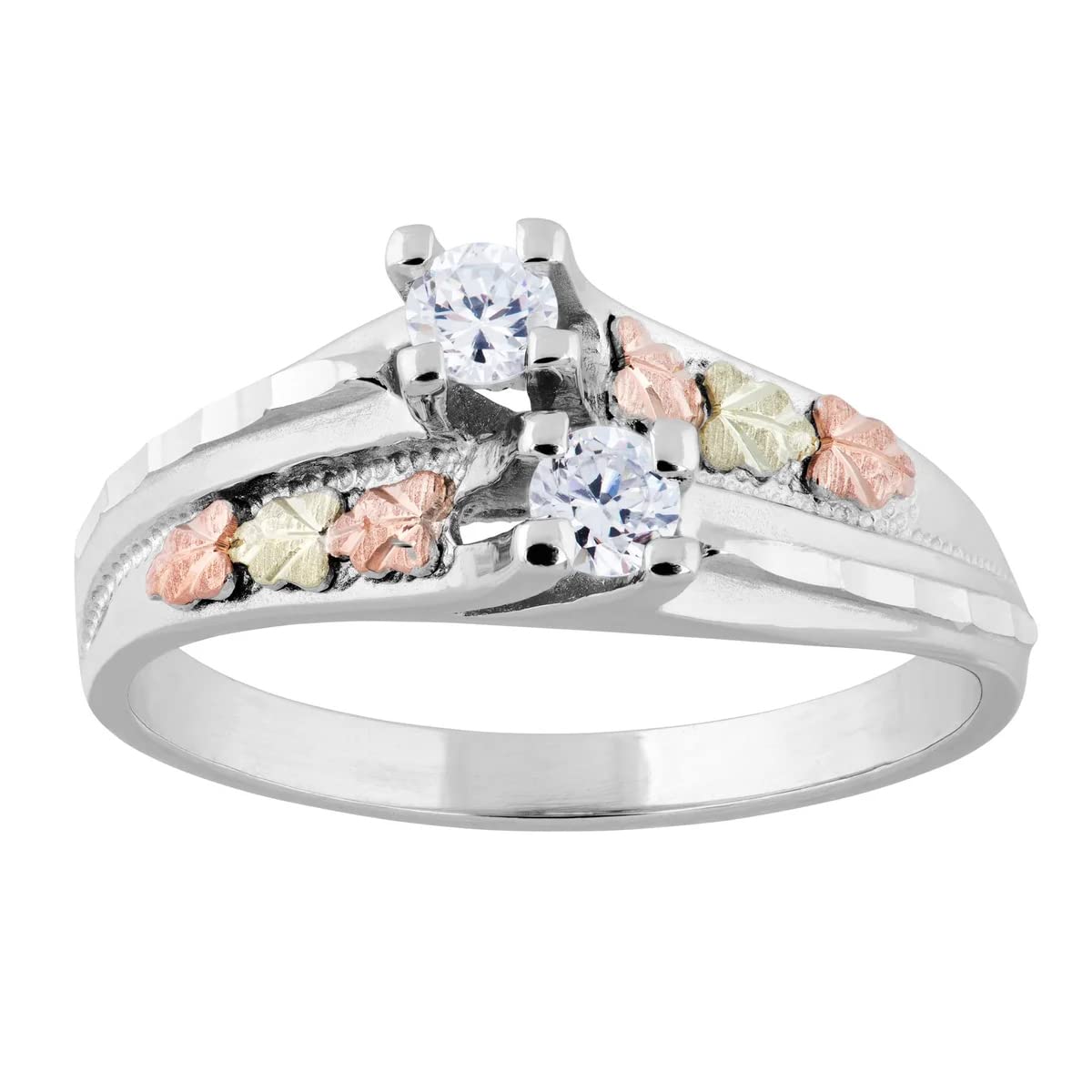 2 Stone CZ Ring, Sterling Silver, 12k Green and Rose Gold Black Hills Gold Motif, Size 6