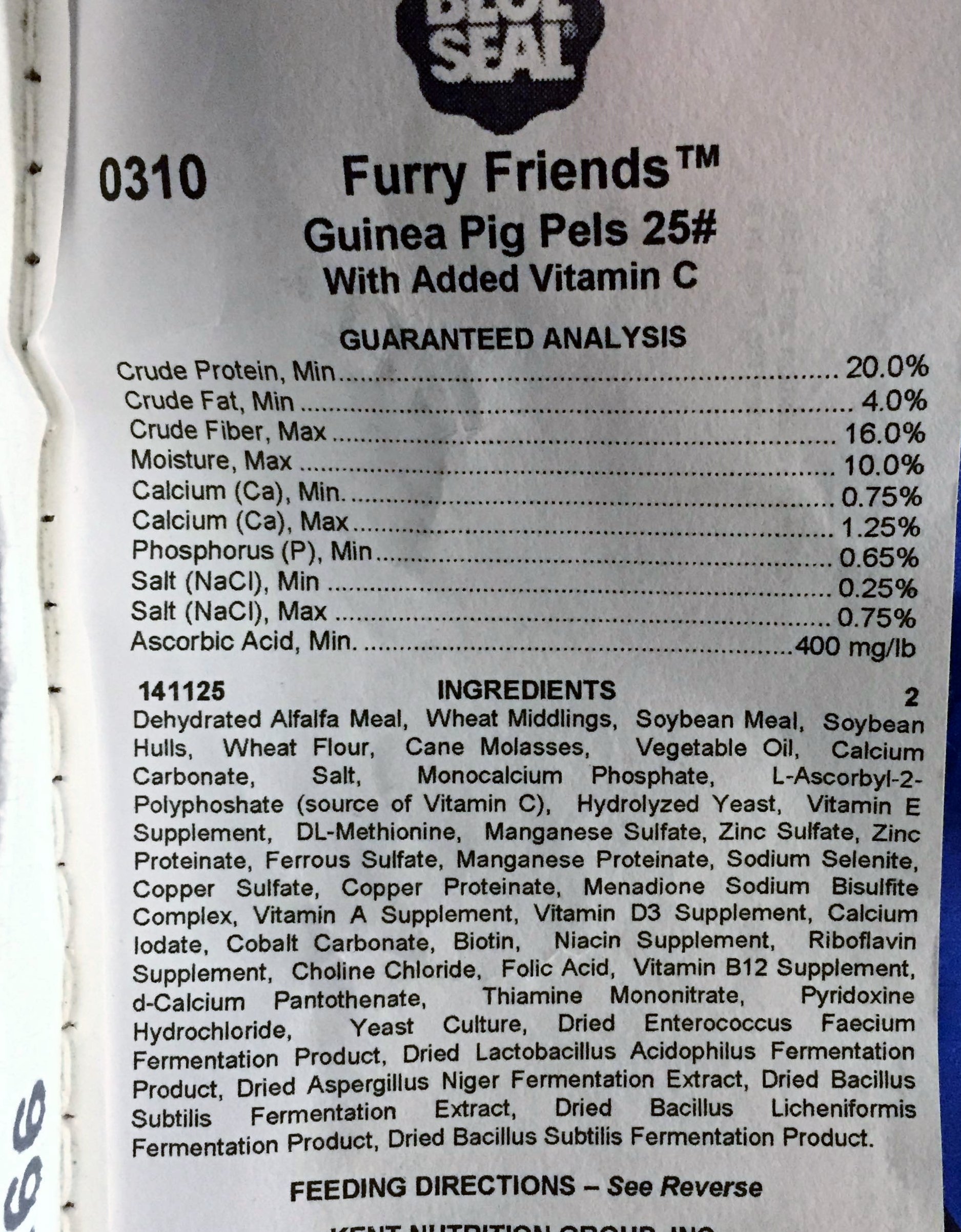 Blue Seal Kent Nutrition Furry Friends Guinea Pig Pellets with Added Vitamin C 25 lbs.