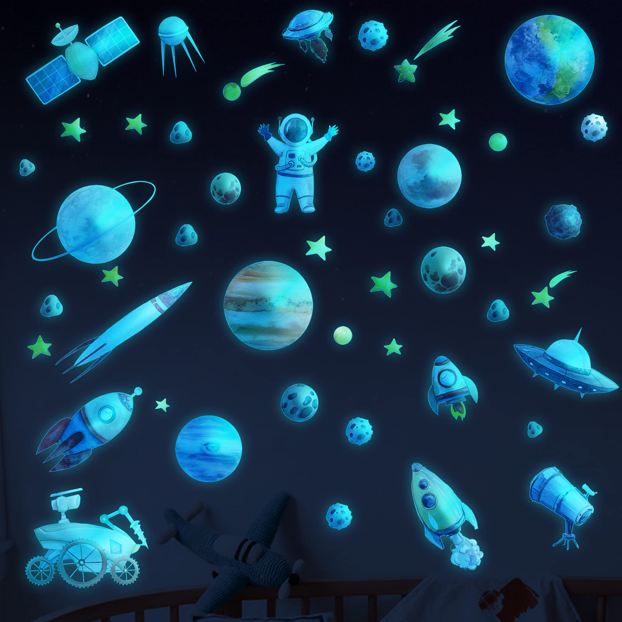 Glow in The Dark Planet and Solar System Wall Stickers for Ceiling,Glow Space Galaxy Wall Stickers Astronaut Rocket Spacecraft Alien Wall Decals for Boys Toddler Kids Bedroom Wall Decor