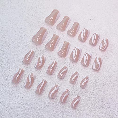 24 Pcs Press on Nails Short, Luvehandicraft Glossy Fake Nails Coffin, False Nails with Glue for Women and Girls (Pink White Swirl), 28 Piece Set