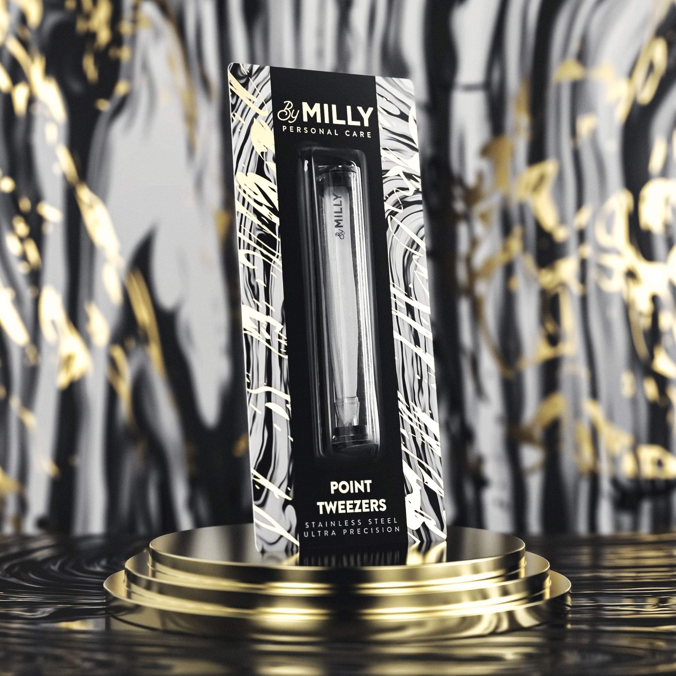 By MILLY Pointed Tweezers | High Carbon Stainless Steel Needle Nose Tweezers | Fine Point Tweezers Precision Hair Removal | Perfectly Aligned & Hand-Filed Sharp Tweezers | Silver