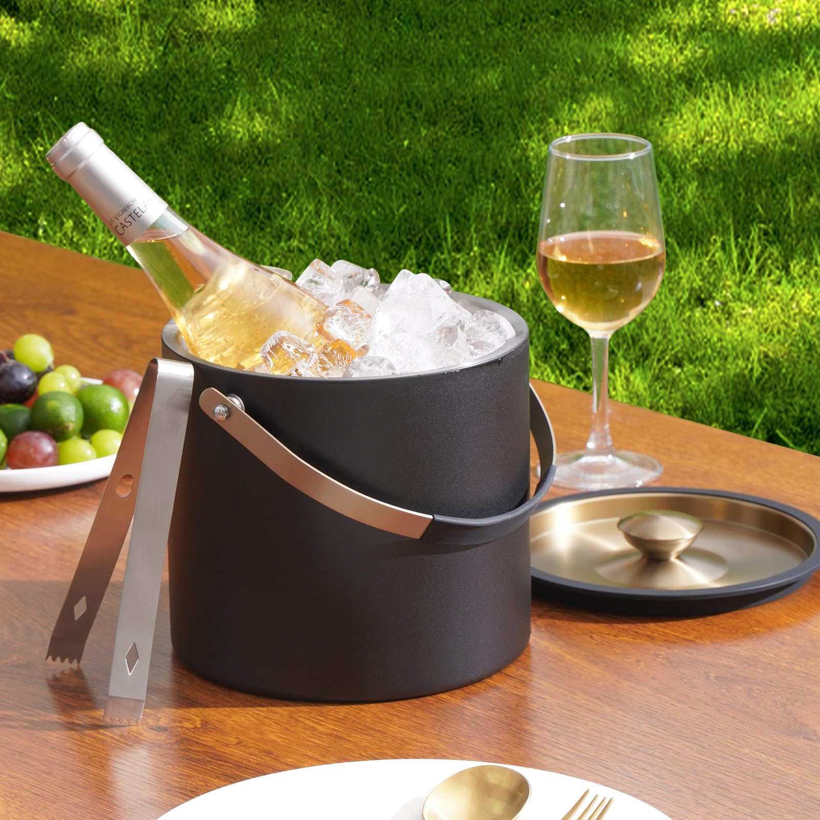 3.2L Modern Insulated Ice Bucket with Silicone Lid, Tongs, Strainer, Double Wall Stainless Steel Ice Bucket for Parties & Cocktail Bar,Ideal for Gift