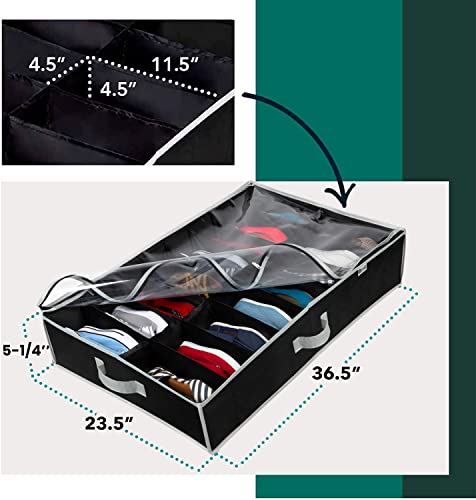 HOLDN' STORAGE Extra-Large Under Bed Shoe Storage Organizer - Underbed Storage Solution Fits Men's and Women's Shoes, High Heels, and Sneakers with Durable Vinyl Cover & Extra-Strong Zipper - Black