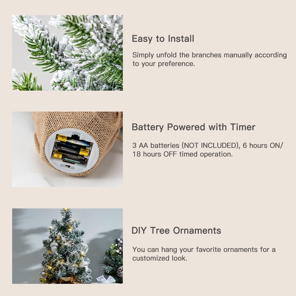 24 Inch 2 FT Pre-lit Snowy Mini Christmas Tree, DECSPAS Small Tabletop Flocked Christmas Tree with 20 LED Lights Red Berries Pine Cones and Cloth Bag Base Xmas Decorations for Holiday Party Home