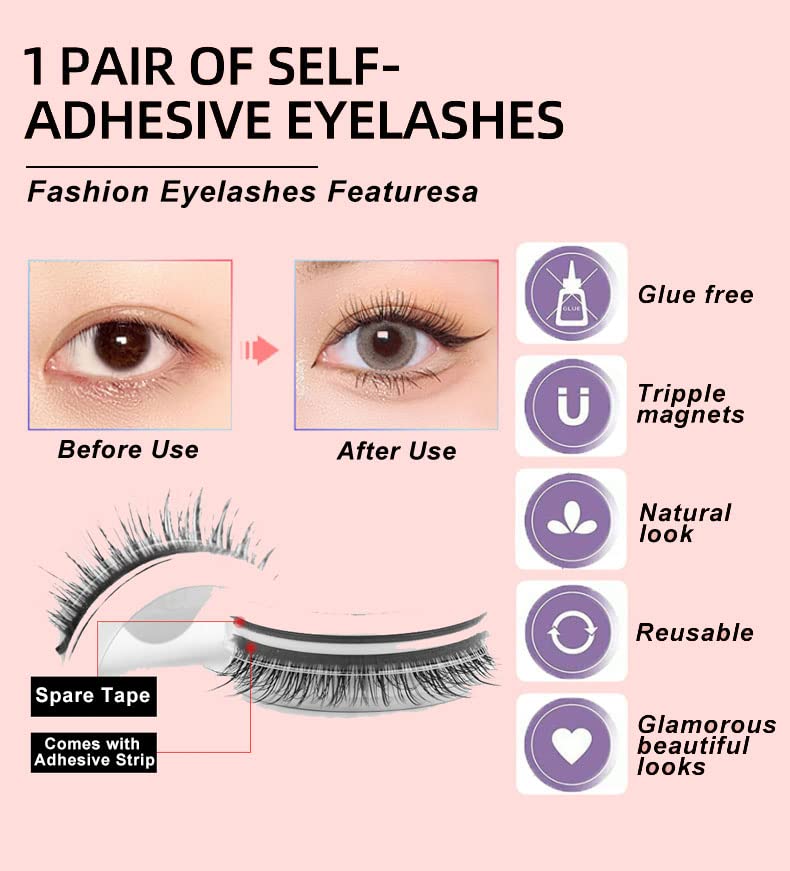 2 Pairs 2023 Reusable Self Adhesive Eyelashes No Glue or Eyeliner Needed, Easy to Put on Natural Look Waterproof False Lashes with Eyelash Curler and Brush for Women