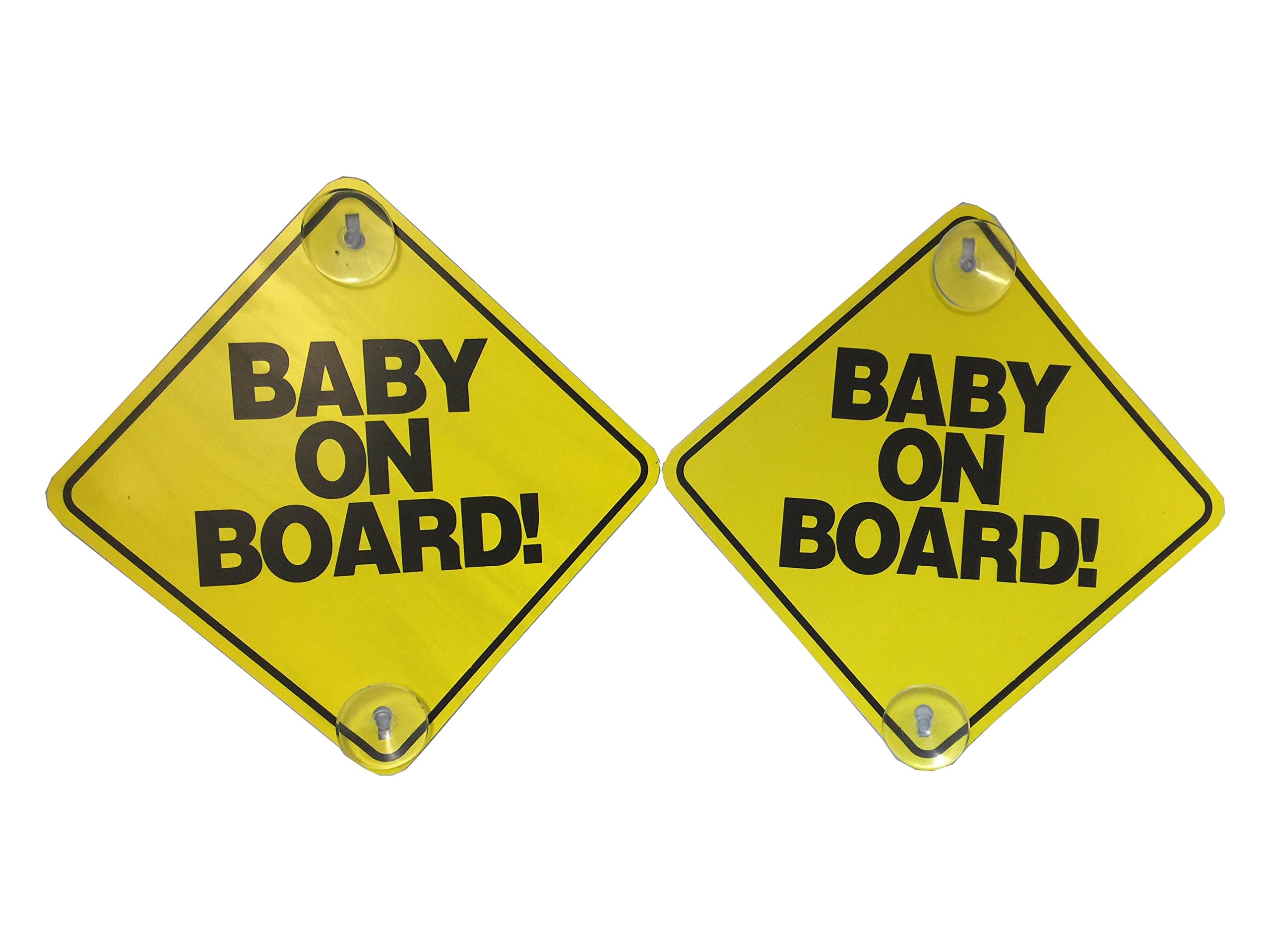 Baby on Board - 2 Pack - Large 6" x 6" Yellow Car Signs with 2 Attached Suction Cups.