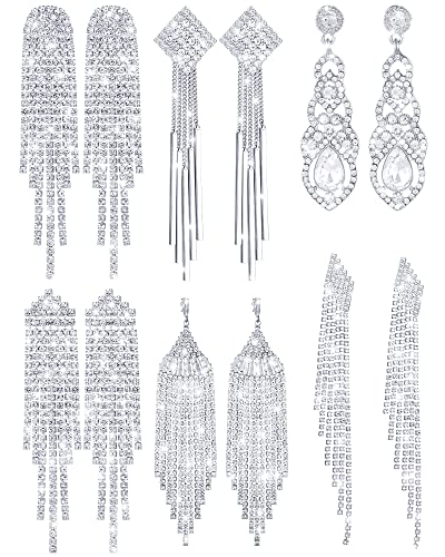 6 Pairs Rhinestone Earrings Chandelier Earrings Women Dangling Crystal Fringe Long Tassel Earrings for Bride Girls Jewelry for Wedding Dinner Party Gift (Stylish Style)