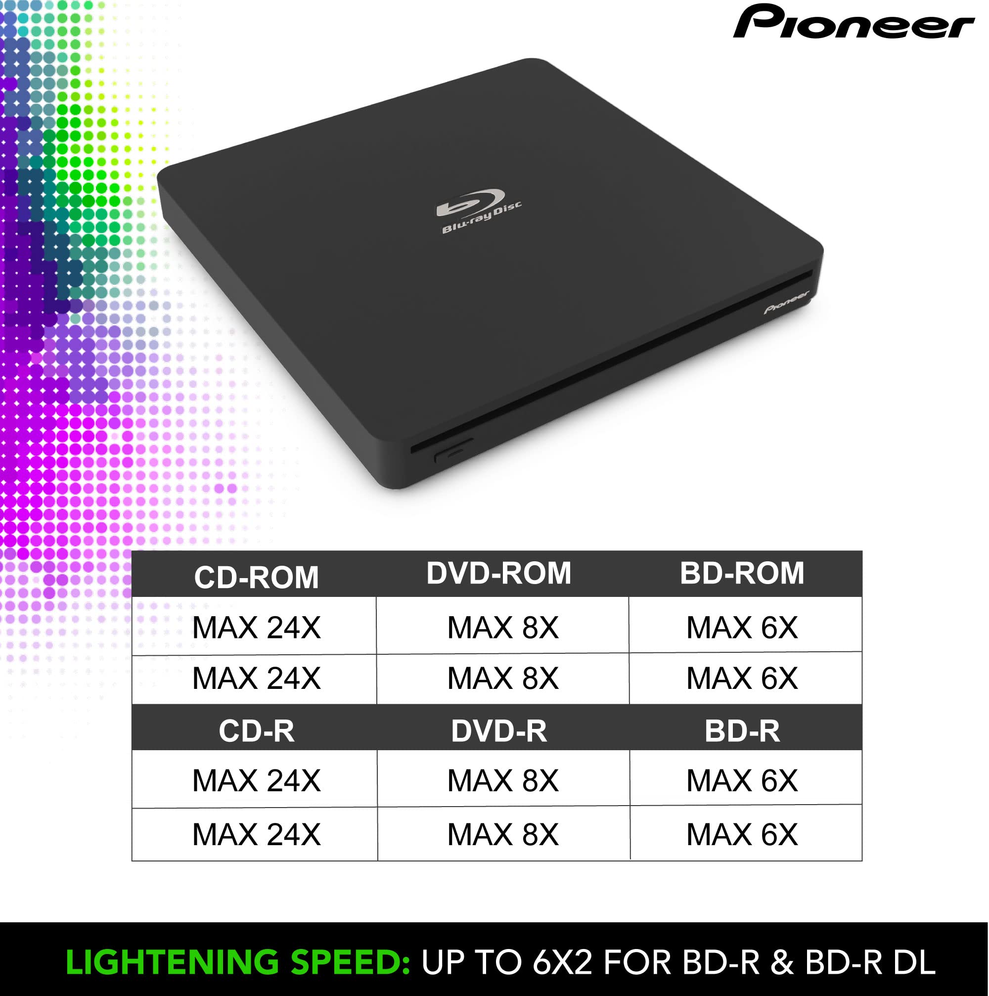Pioneer BDR-XS07UHD 4K Blu-Ray Portable Burner & DVD Player - 6X Slim External BDXL, BD, DVD & CD Drive for Windows & Mac w/ 3.0 USB, CD Player, Write & Read on Laptop or Desktop w/ Carry Case (Black)