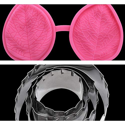 AK ART KITCHENWARE Fondant Leaf of Rose Silicone Veiner Molds Stainless Steel Cutters Set Sugarpaste Tools Cake Decorating Tools (Sawtooth Leaves)