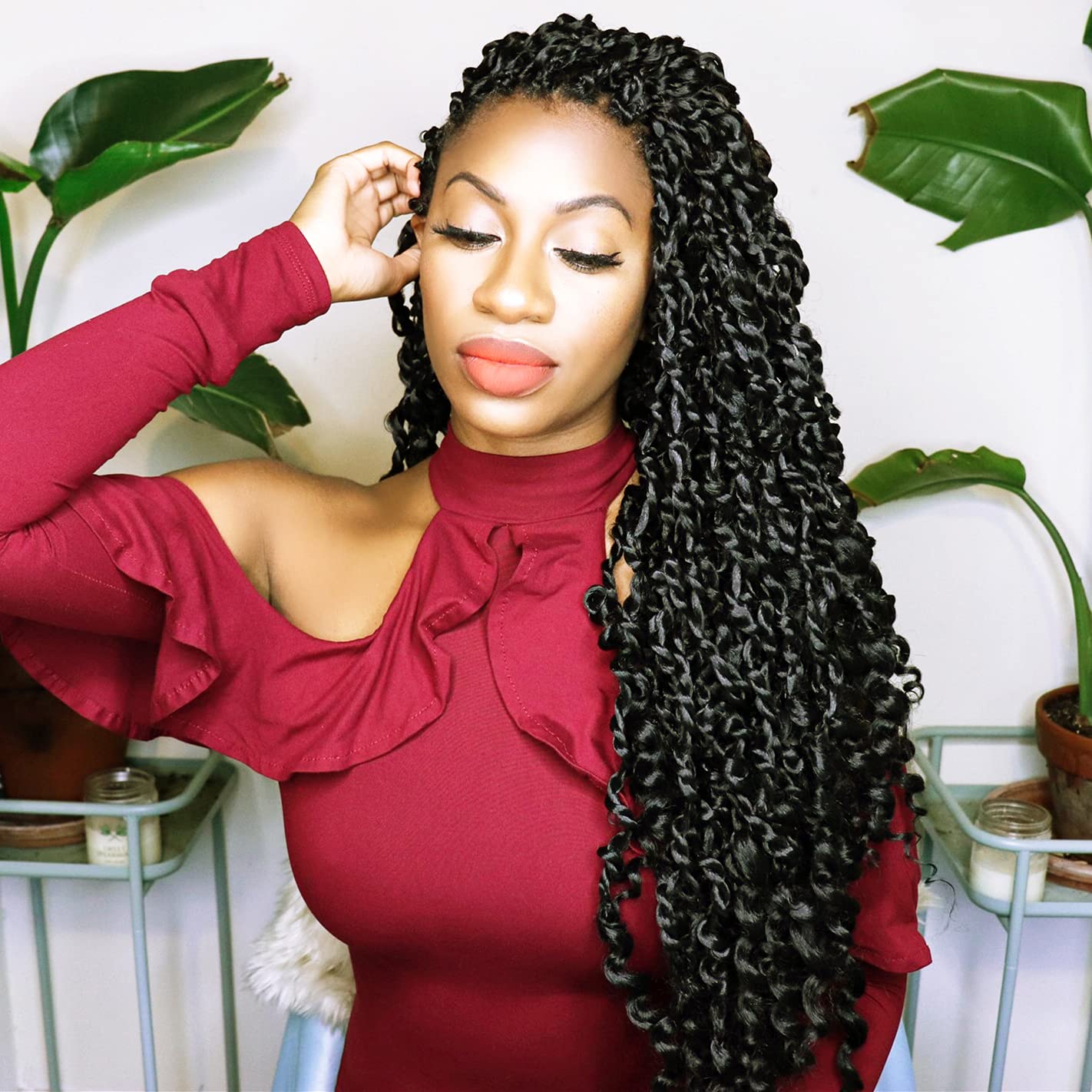 24 Inch Kai Twists Crochet Hair 8 Packs Pre-looped Mini Passion Twist Pre-twisted Long Soft Bohemian Twist Crochet Braids With Curly End (1B)