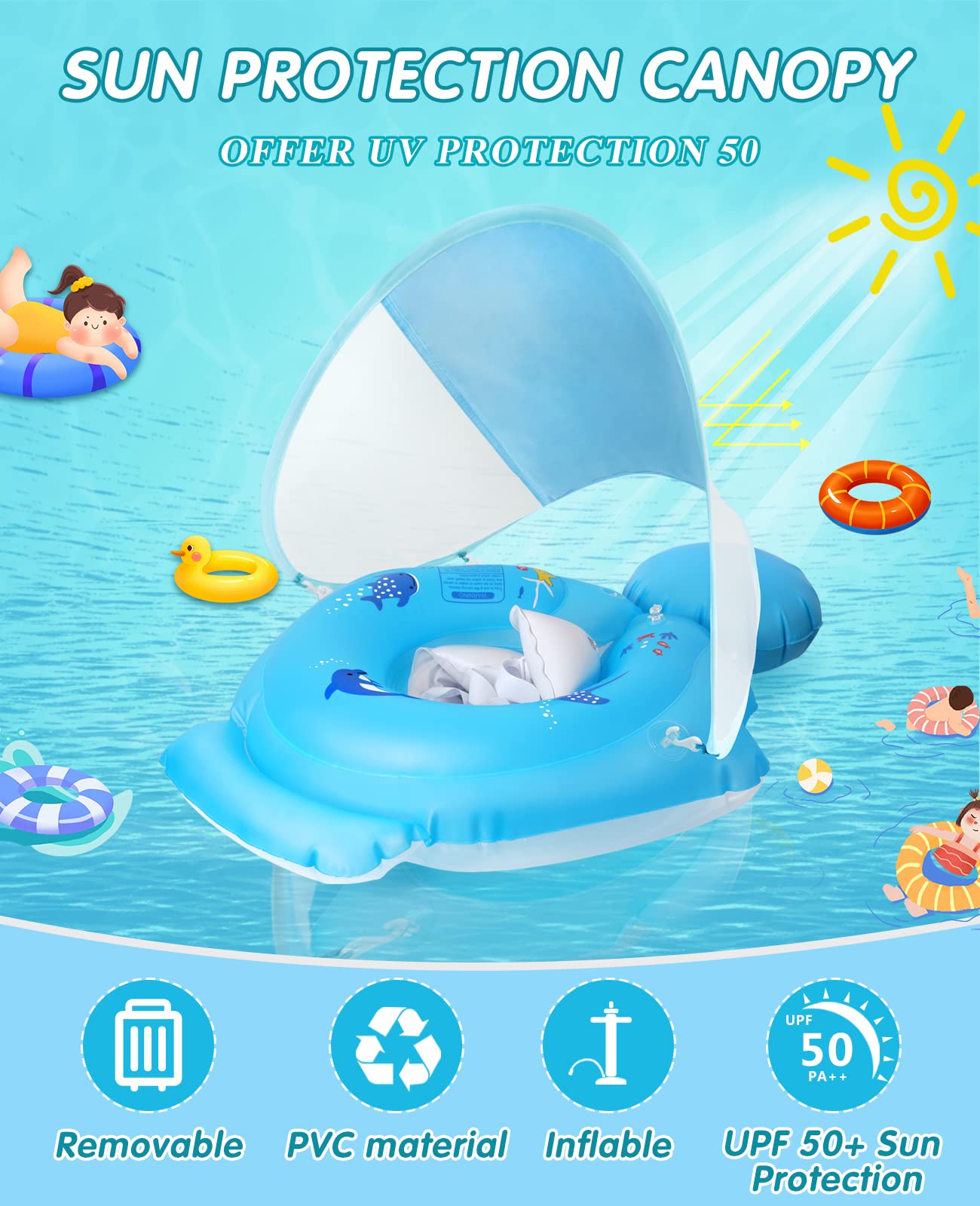 Baby Pool Float with Canopy, Baby Swimming Float Add Tail No Flip, Infant Pool Float, Inflatable Toddler Pool Float with Toys for Age of 3-36 Month (Large)