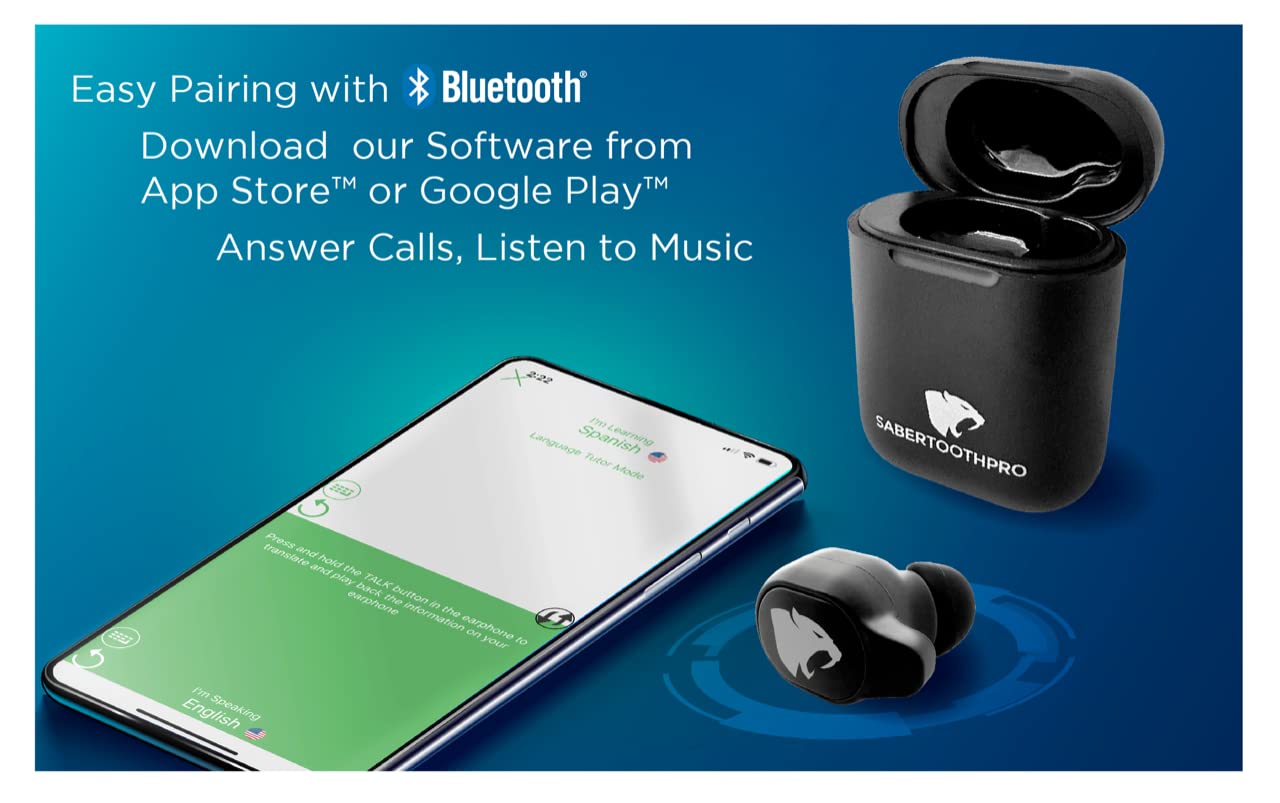 Sabertooth VLT450 Smart Voice Language Translator Single Ear Bud with Direct Talk Software to Complete Seamless Voice Language Translation, Translates up to 60 Languages, Compatible with IOS & Android