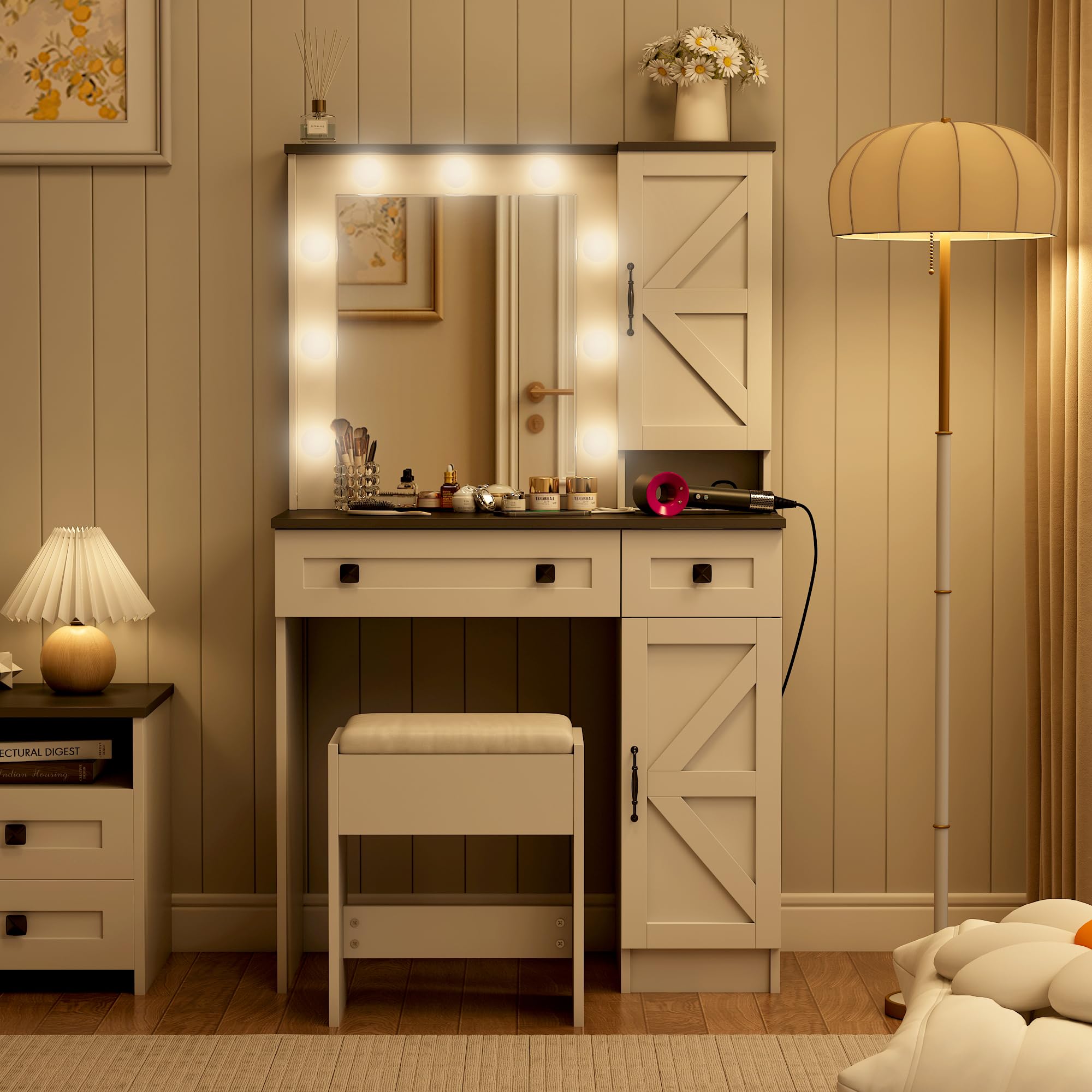 31.5" Makeup Vanity Desk with Mirror and Light, Farmhouse Vanity with 2 Drawer&Power Outlet, 3 Color Lighting Modes, Bedroom Vanity Desk for Girls, Women