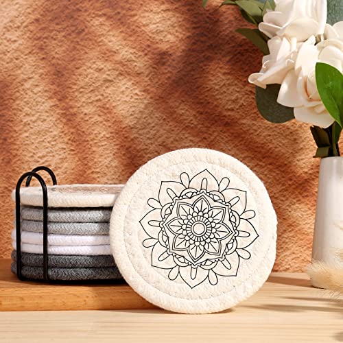 8 Pieces Coasters for Drink Absorbent, Billbotk Mandala Drink Coasters with Holder, Woven Coasters Set for Coffee Table, Wooden Table and Home Decor, 4.3 Inches