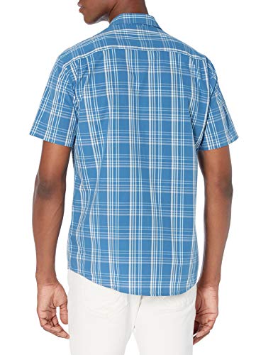 Amazon Essentials Men's Regular-Fit Short-Sleeve Poplin Shirt, Aqua Blue Checked, Large
