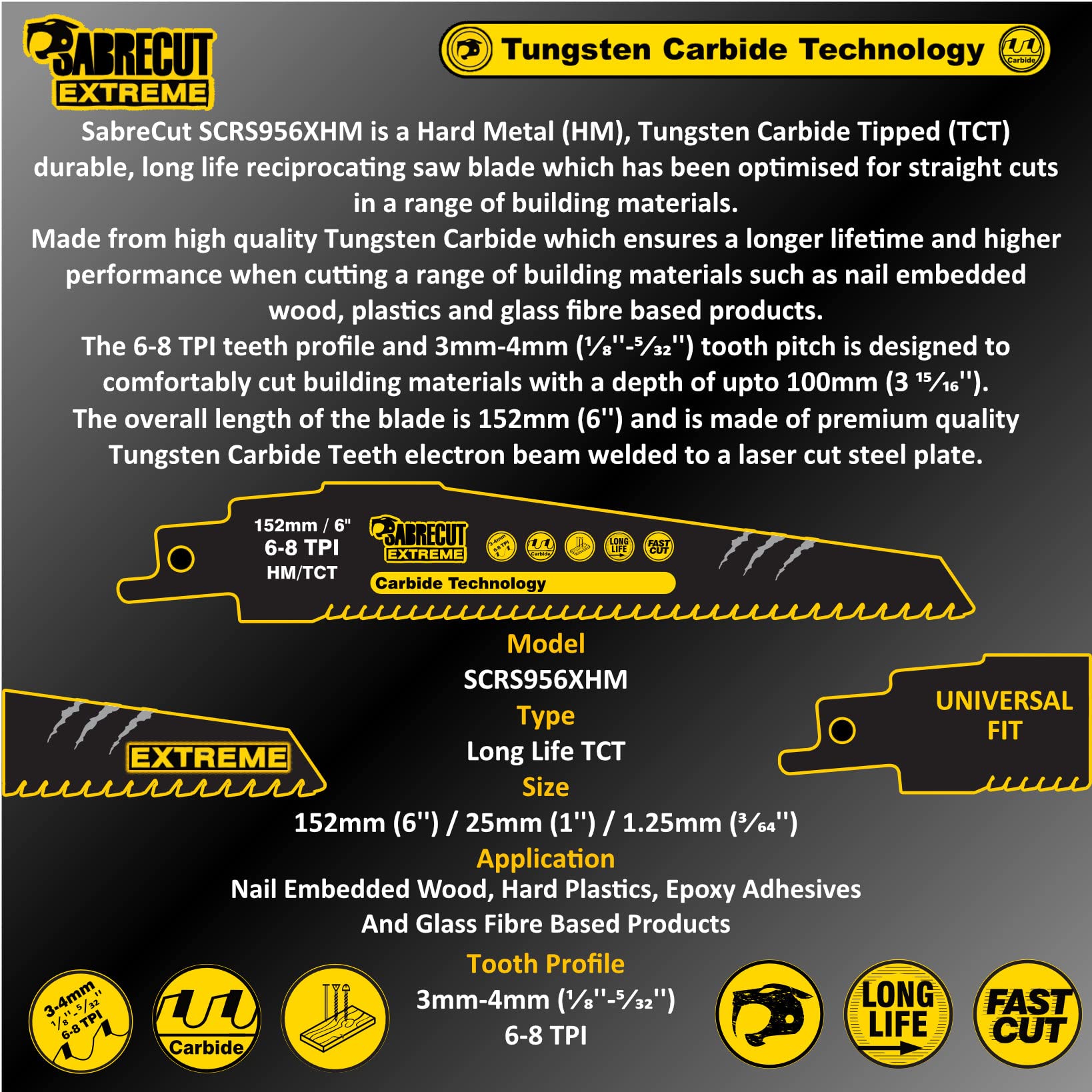 2 x SabreCut SCRS956XHM_2 Tungsten Carbide 5 63/64" (152mm) Variable 6-8 TPI S956XHM Very Fast Wood and Plastic Cutting Reciprocating Sabre Saw Blades Compatible with Bosch Dewalt Makita and Others