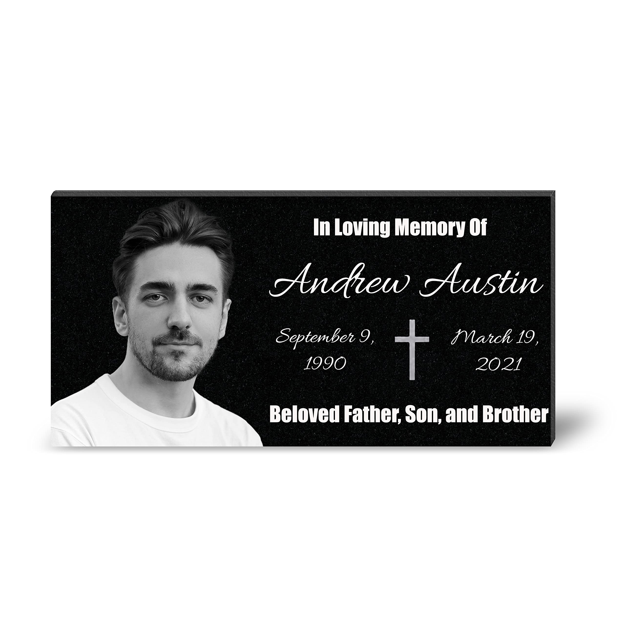 20x10 Granite Headstones for Graves, Grave Markers for Cemetery for Humans, Personalized Memorial Plaques for Outdoors, Bereavement Garden Stones, Burial Commemorative Plaque w/ Ceramic Picture Cameo