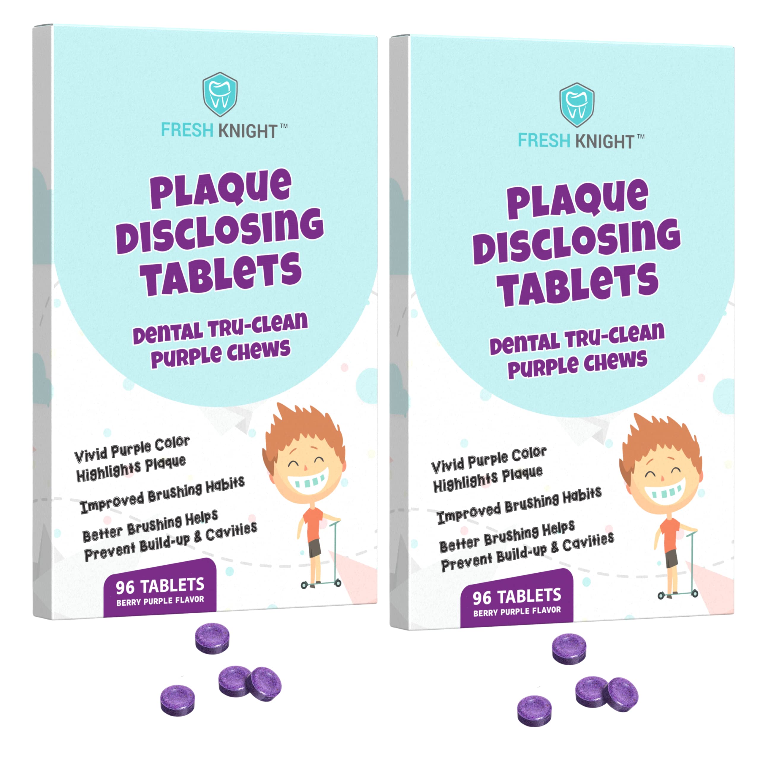 Plaque Disclosing Tablets for Teeth, 96 Count, Dental Disclosing Tablets for Kids or Adults, Shows Plaque, Helps Teach Kids Teeth-Brushing Habits for Clean Teeth, by Fresh Knight, Pack of (2)