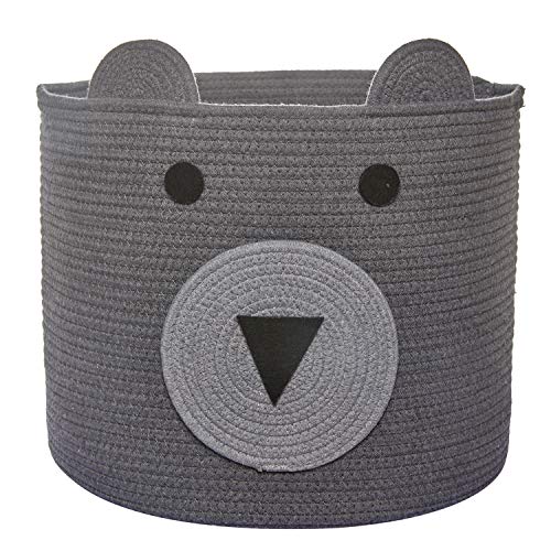 COMEMORY Cotton Rope Storage Basket with Cute Bear Design, Foldable Rope Bin Basket, Decorative Animal Basket for Toys, Blanket, Towels, Clothes, 12"(D) x 10"(H)