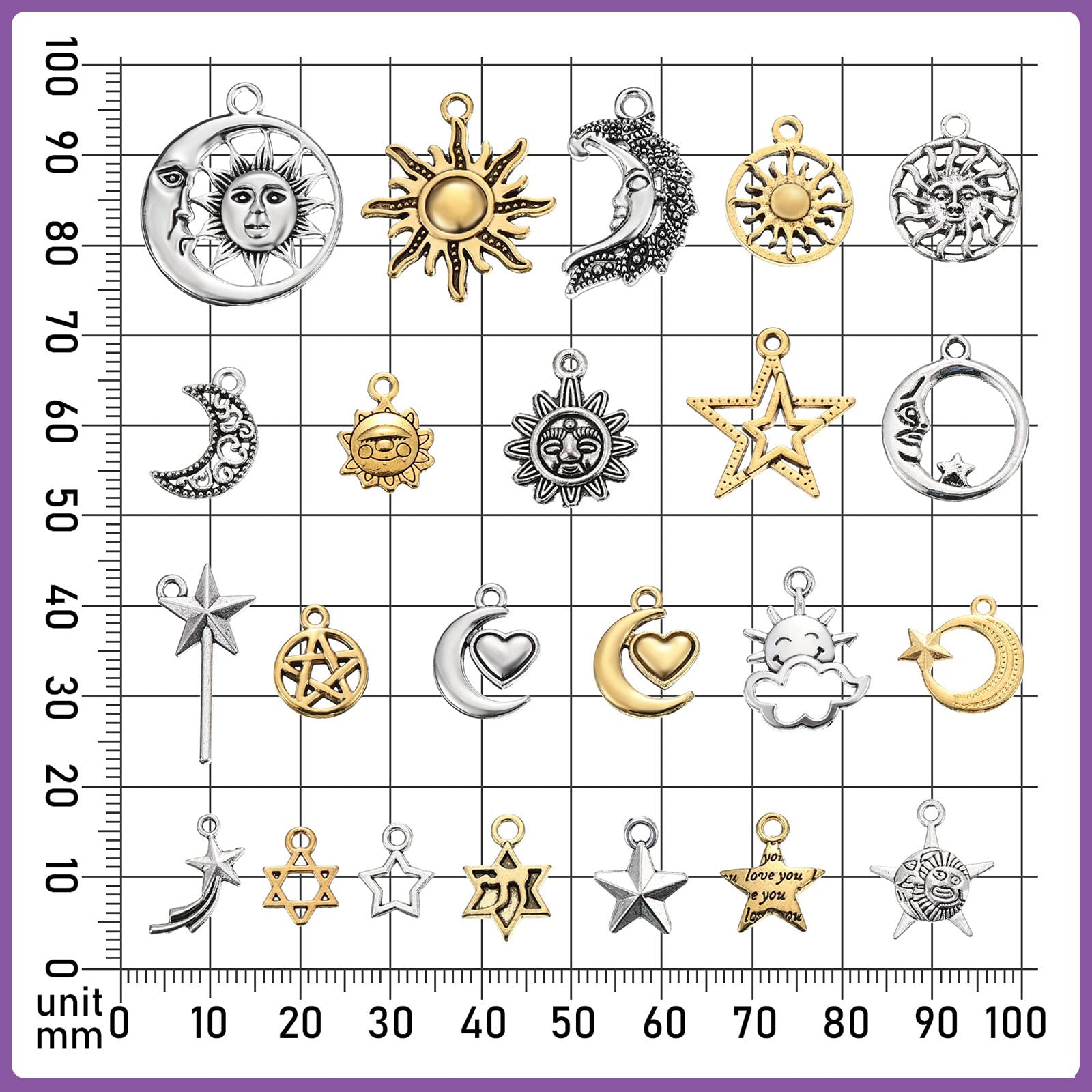 160 Pcs Bracelet Charms, Mixed Antique Sun Star Moon Charm Pendant Plated Celestial Charm for Jewelry Making (Silver, Gold, Blue, Purple)