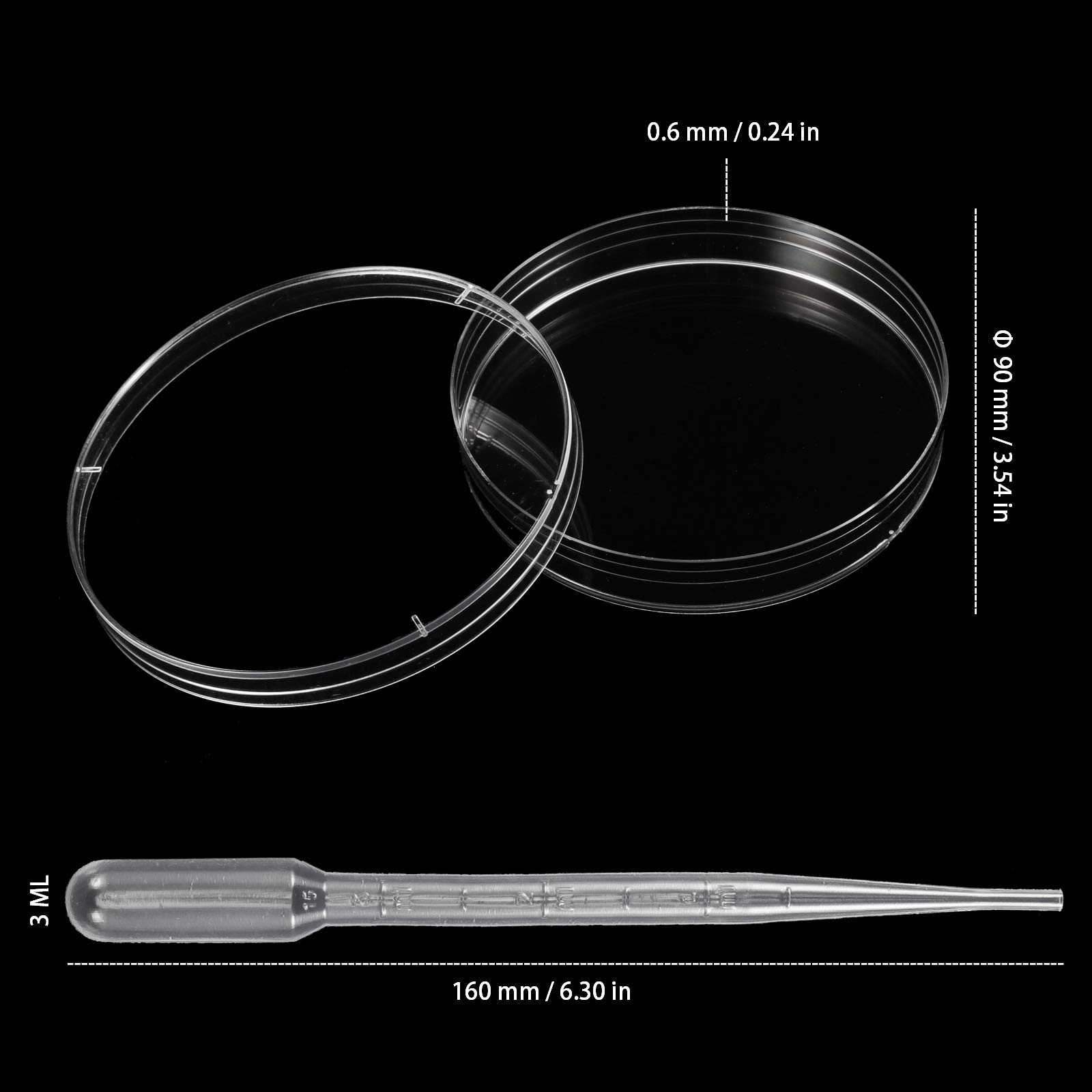 Plastic Petri Dish, ZEONHAK 50 PCS 90 mm Diameter x 15 mm Deep Sterile Petri Dish with Lid, Clear Culture Dish with 100 PCS 3 ml Transfer Pipettes for Lab, Science, Themed Party, Experiment