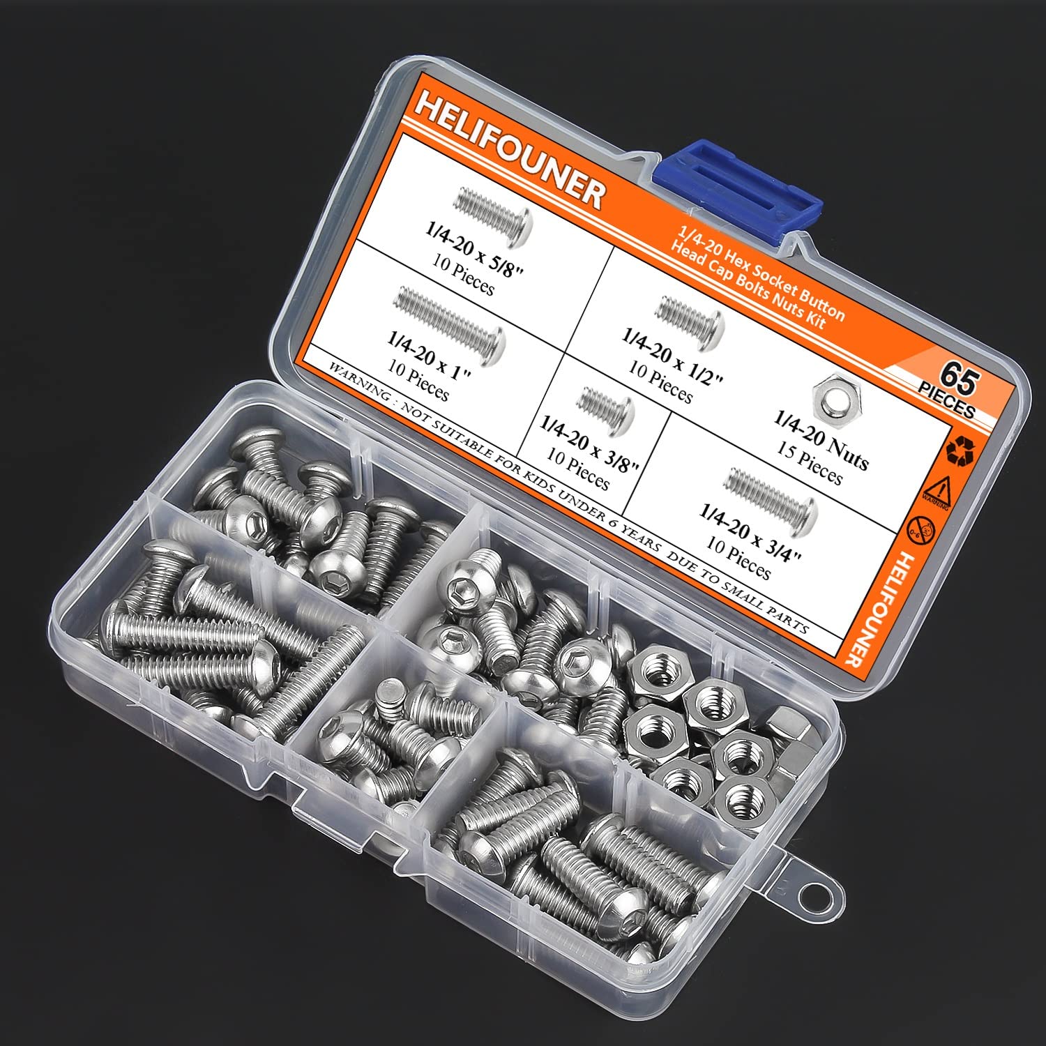 HELIFOUNER 65 Pieces 5 Sizes 304 Stainless Steel 1/4-20 x 3/8" 1/2" 5/8" 3/4" 1" UNC Thread Button Head Socket Cap Screws Bolts Kit