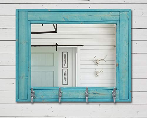 Boat House Row Mirror with Boat Cleat Hooks - Nautical Decor, Entryway Coat Hooks, Bathroom Towel Rack - 20 Colors: Shown Vintage Aqua Teal