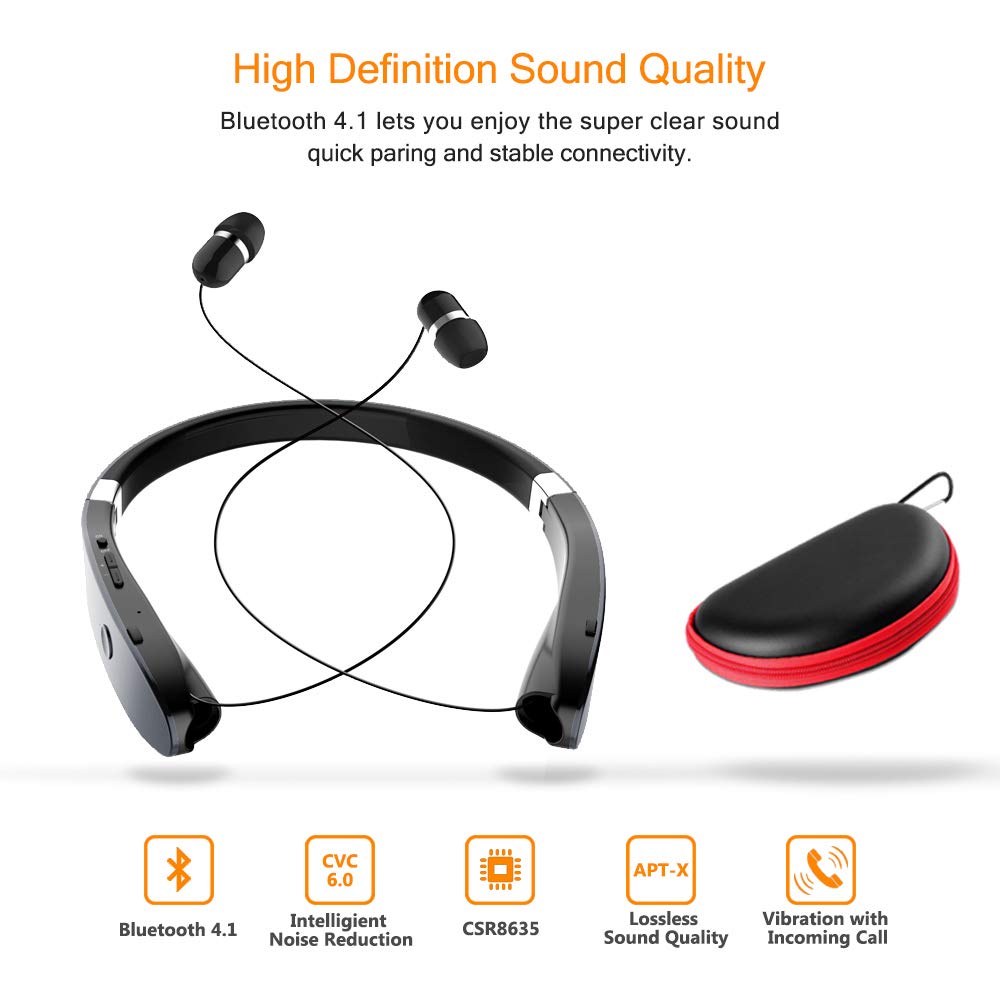 BEARTWO Foldable Bluetooth Headset, Lightweight Retractable Bluetooth Headphones for Sports&Exercise, Noise Cancelling Stereo Neckband Wireless Headset (with Carry case) (Gray Matte)