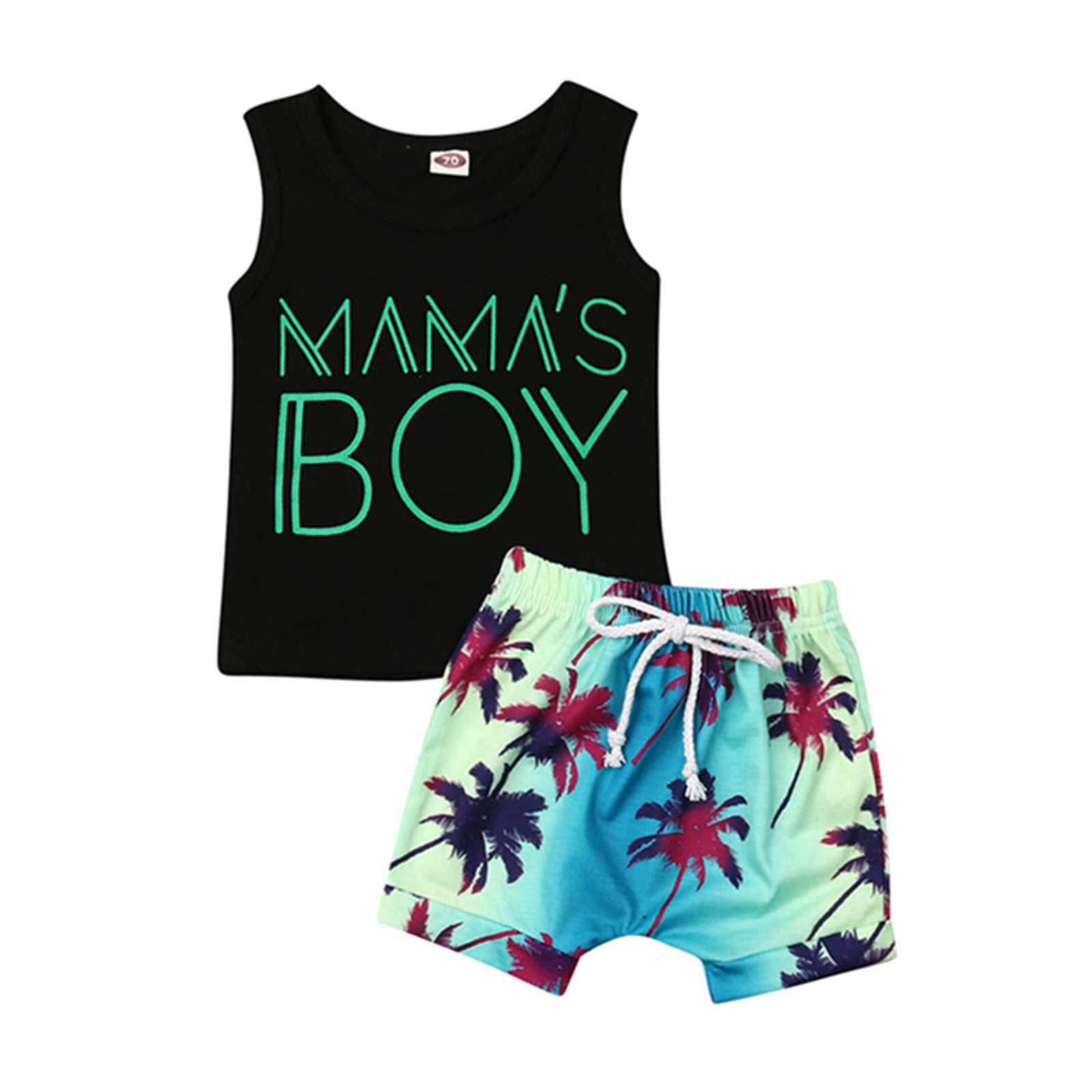 FYBITBO 2Pcs Baby Boys Summer Clothing Sets Cute Letters Print Sleeveless Tank Tops T-Shirt+Palm Shorts Outfits (Black, 12-18 Months)