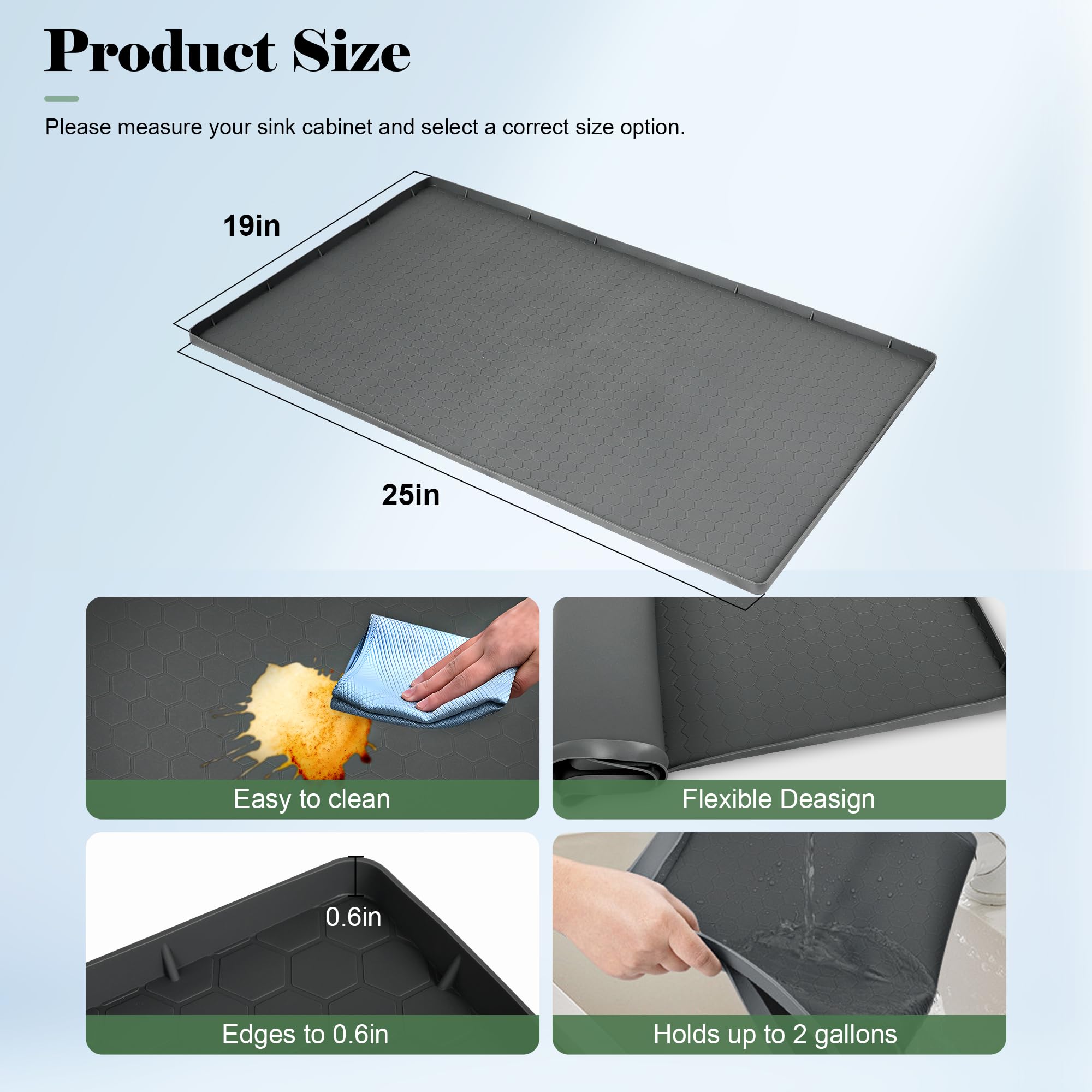 25β x 19β Waterproof Under Sink Mat for Bathroom/Kitchen - Silicone Cabinet Liner Shelf Protector Organizer,Leaks Flexible Drip Tray- Holds 3.5 Gallons - Dark Gray