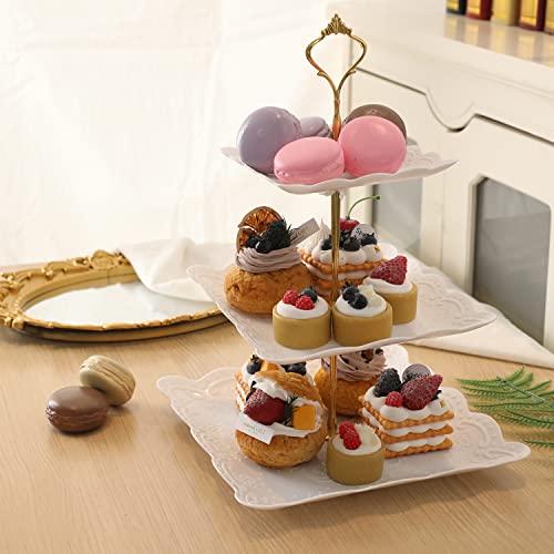 Barelove 3 Tier Plastic Cupcake Stand, Cake Display Tiered Serving Tray, 2 Pack Plastic Dessert Pastry Candy Platter Holder Tower for Wedding, Birthday, Tea Party, Baby Shower Decor (Square, White)
