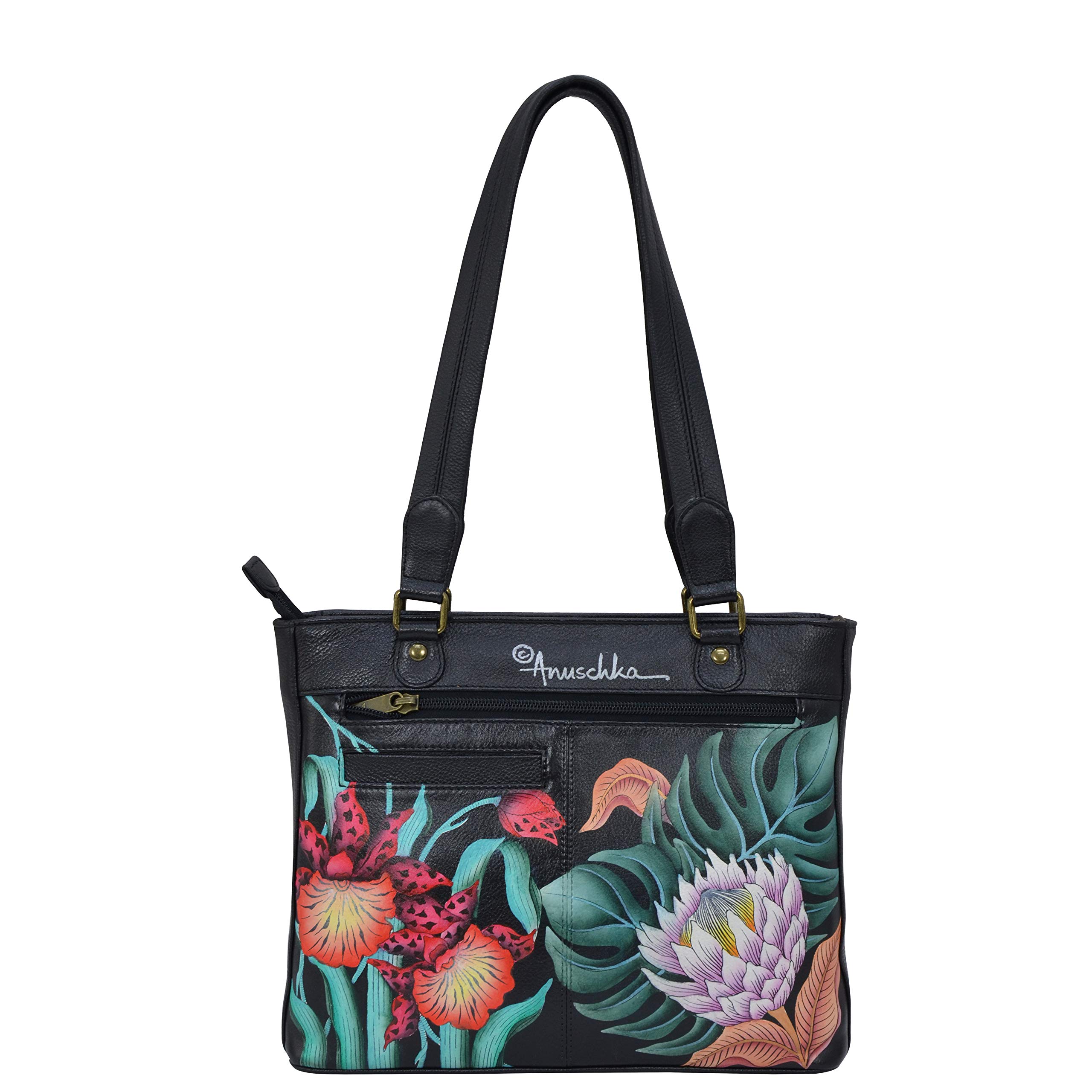 Anuschka Women's Original Hand-Painted Leather Medium Shopper Shoulder Bag, Island Escape Black