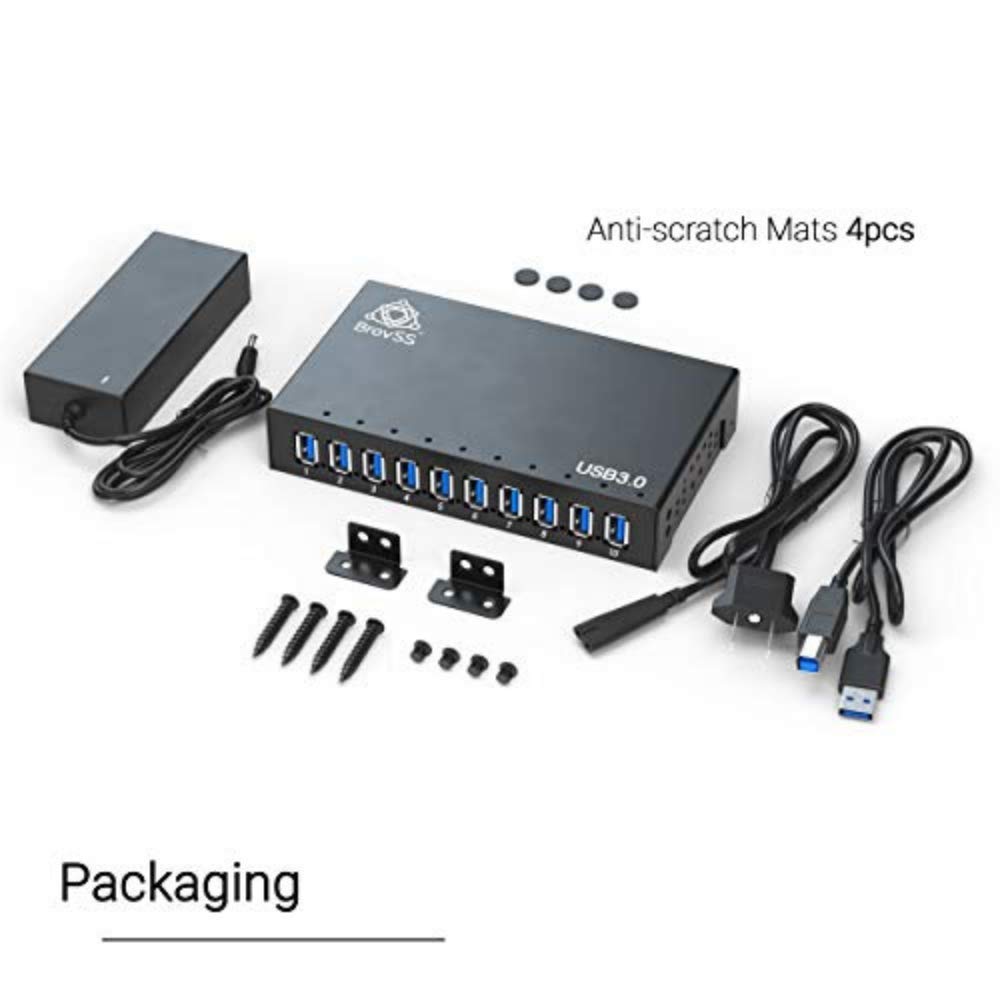 BrovSS: 10 Port Powered USB 3.0 Hub Aluminum - USB Hub Charger - Multiple Port Splitter Hub with 12V 5A 60W Power Adapter with USB Cable for Apple, Laptop, PC, USB Flash Drives, HDD Hard Drive (Black)