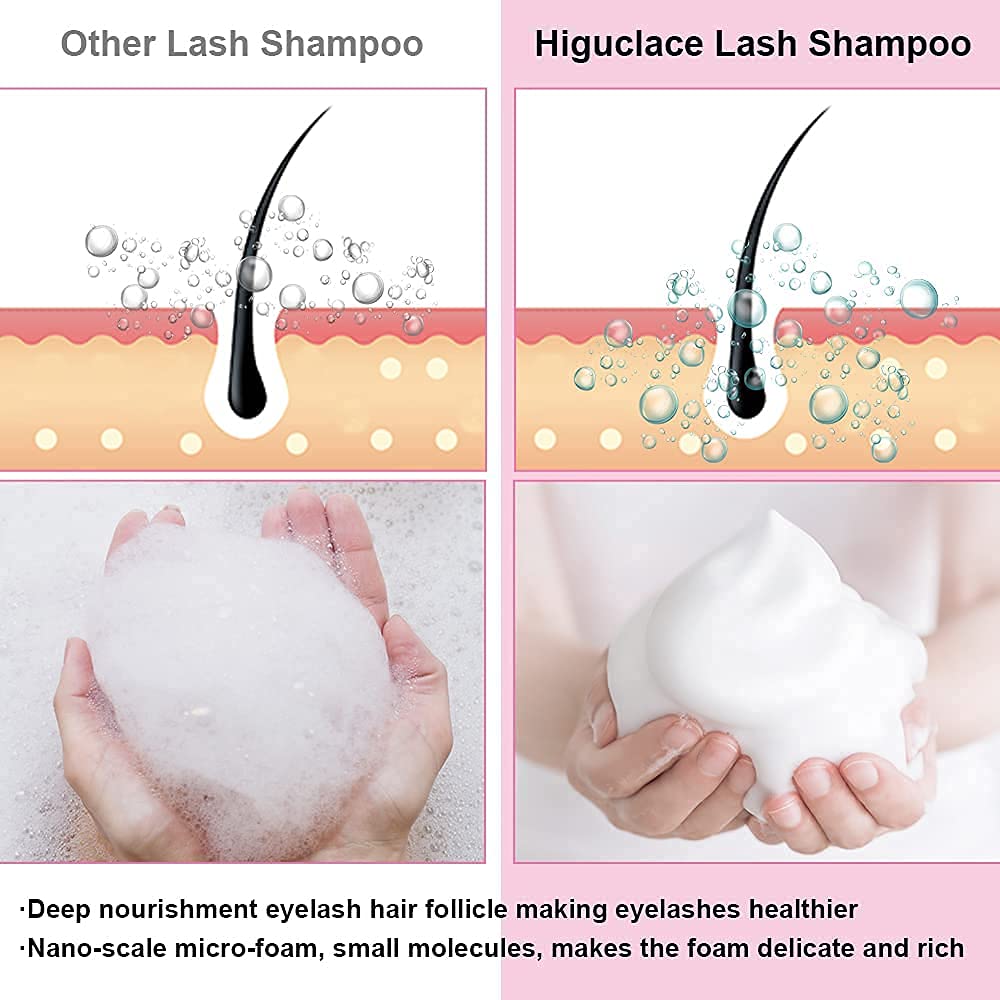 Lash Shampoo 50ml Eyelash Extension Cleanser with Brush and Mascara Wand Eyelid Foaming Cleanser Lash Foam Shampoo for Lash Extensions (50ml/1.7fl oz)