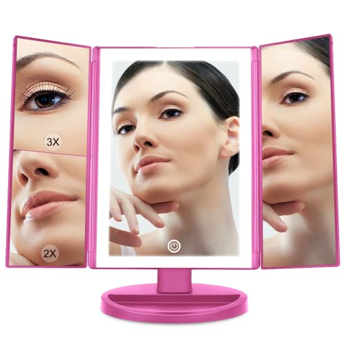 Beautyworks Backlit Makeup Vanity Mirror 36 LED Lights Touch-Screen Light Control, Tri-Fold 1/2/3X Magnification, Portable High-Definition Clarity Cosmetic Light Up Magnifying Mirror (Pink)