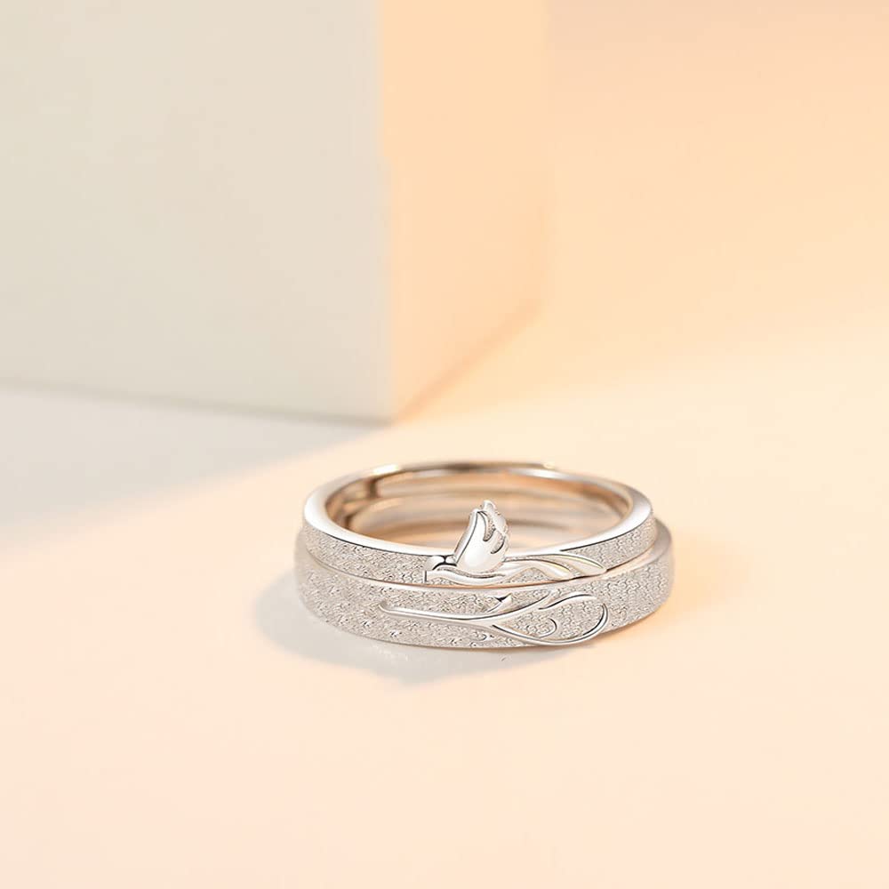 2PCS Adjustable Rings Couples Promise Engagement Rings for Him and Her Couples You Rings (Tree And Bird), Silver