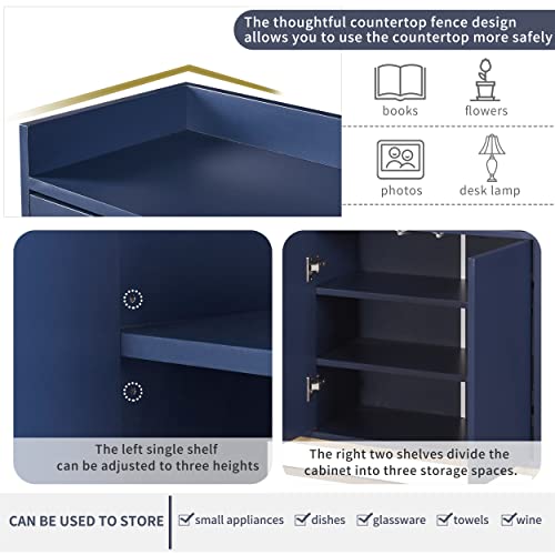 47" Buffet Sideboard Cabinets with Gold Metal Base, 4 Unobtrusive Doorknob, Elegant Freestanding Storage Cabinet, Large Storage Space Kitchen Console Table for Dining Living Room, Entryway, Navy Blue