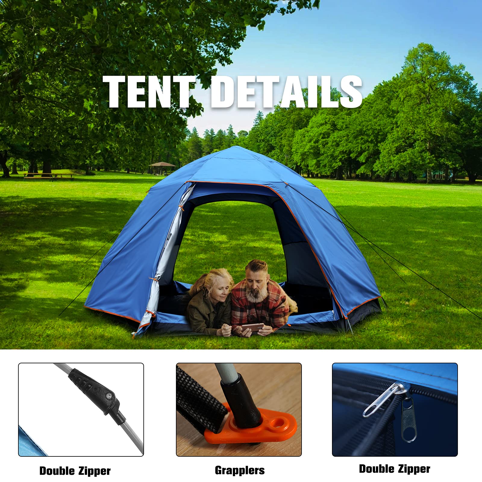 3-4-Person Waterproof Pop up Camping Tent with Rainfly Instant Tent Portable with Carring Bag (Blue)