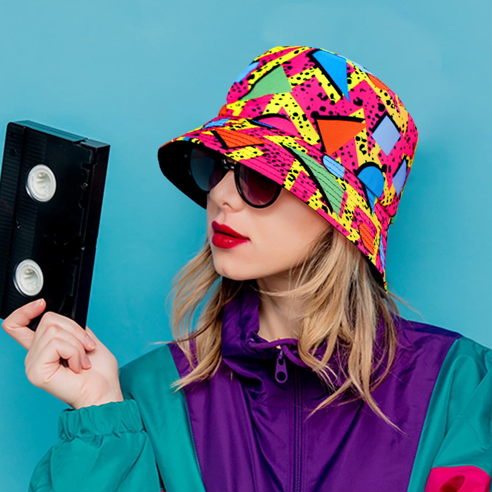 2 Pack Retro 80s 90s Bucket Hat for Women Men Vintage Print Fisherman Neon Nylon Hat Reversible Packable Travel Cap (Fresh Style)