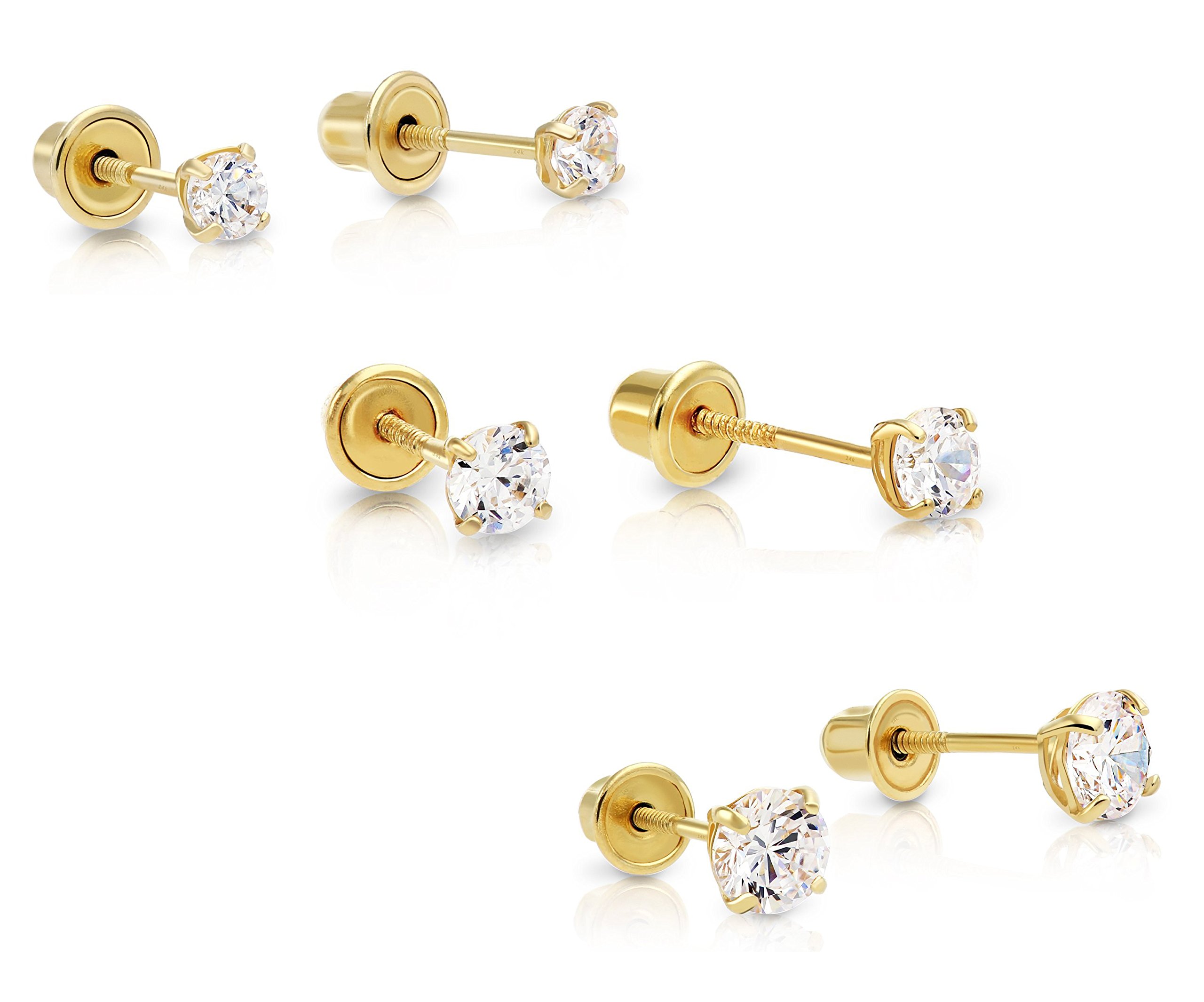 14k Gold Solitaire Round Cubic Zirconia Stud 3 Pair Earring Set (3mm, 4mm, 5mm) (yellow-gold)