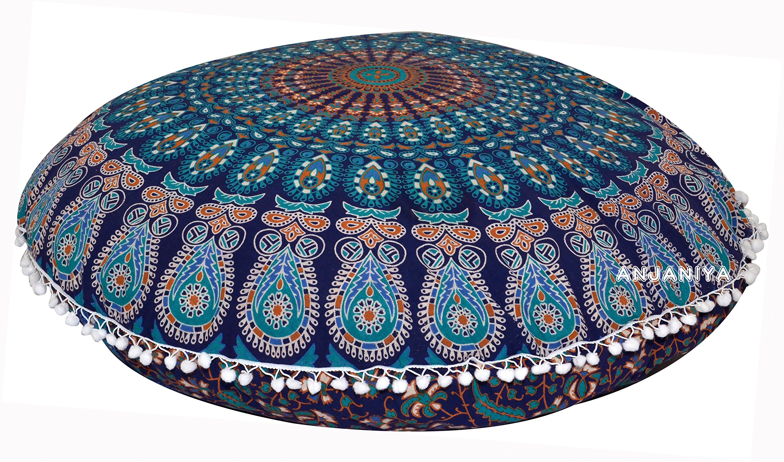 ANJANIYA - 32" Peacock Mandala Bohemian Yoga Meditation Floor Pillow Cover Comfortable Home Car Bed Sofa Cushion Couch Seating Large Zipped Throw (32 inches, Blue Green)