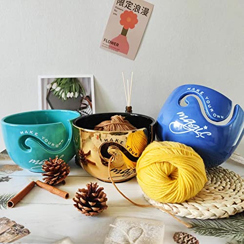 Ceramic Yarn Bowl for Crochet and Knitting Accessories - Best Yarn Holder - Fits Extra Large Yarn Ball or 4 to 5 Small Balls - for Knitters and Crocheters 6.5ββ x 4.5" (Gold/Black)