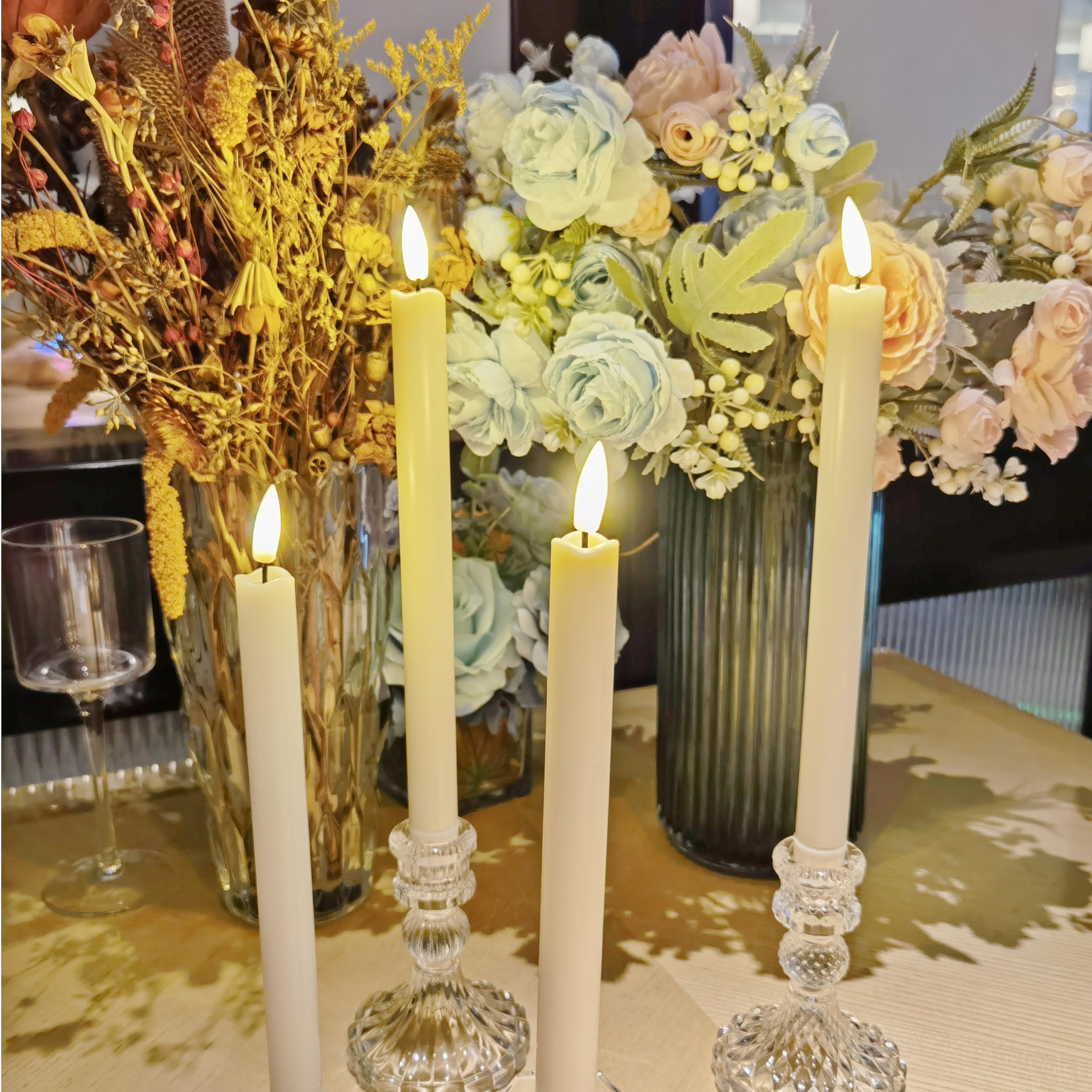 3D Black Wick Led Battery Operated Flameless Taper Candles Light with Remote Timer, Electric Fake Window Candle Flickering Like Real Wax, Flameless Ivory Candle Stick for Christmas/Home/Wedding