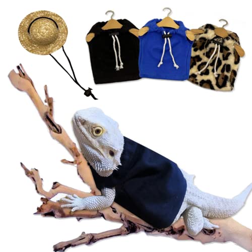 4 Pack Lizard Clothes for Bearded Dragons Straw Hat Set Reptile Apparel Handmade Sleeveless T-Shirt Vest Skin Protection Photo Party for Lizard Bearded Dragon Crested Gecko Chameleon (L, 4 Pack Set)