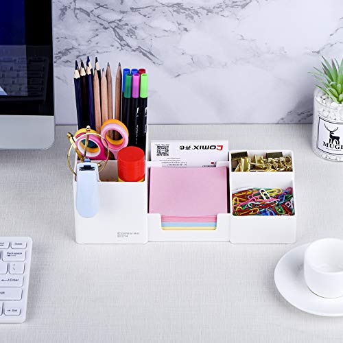 Comix Desk Organizer with Pen Holder Sticky Note Tray Paperclip Storage, Office Accessories Caddy, Office Stationery Supply Organizers, 6 Compartments Pencil Holder, White